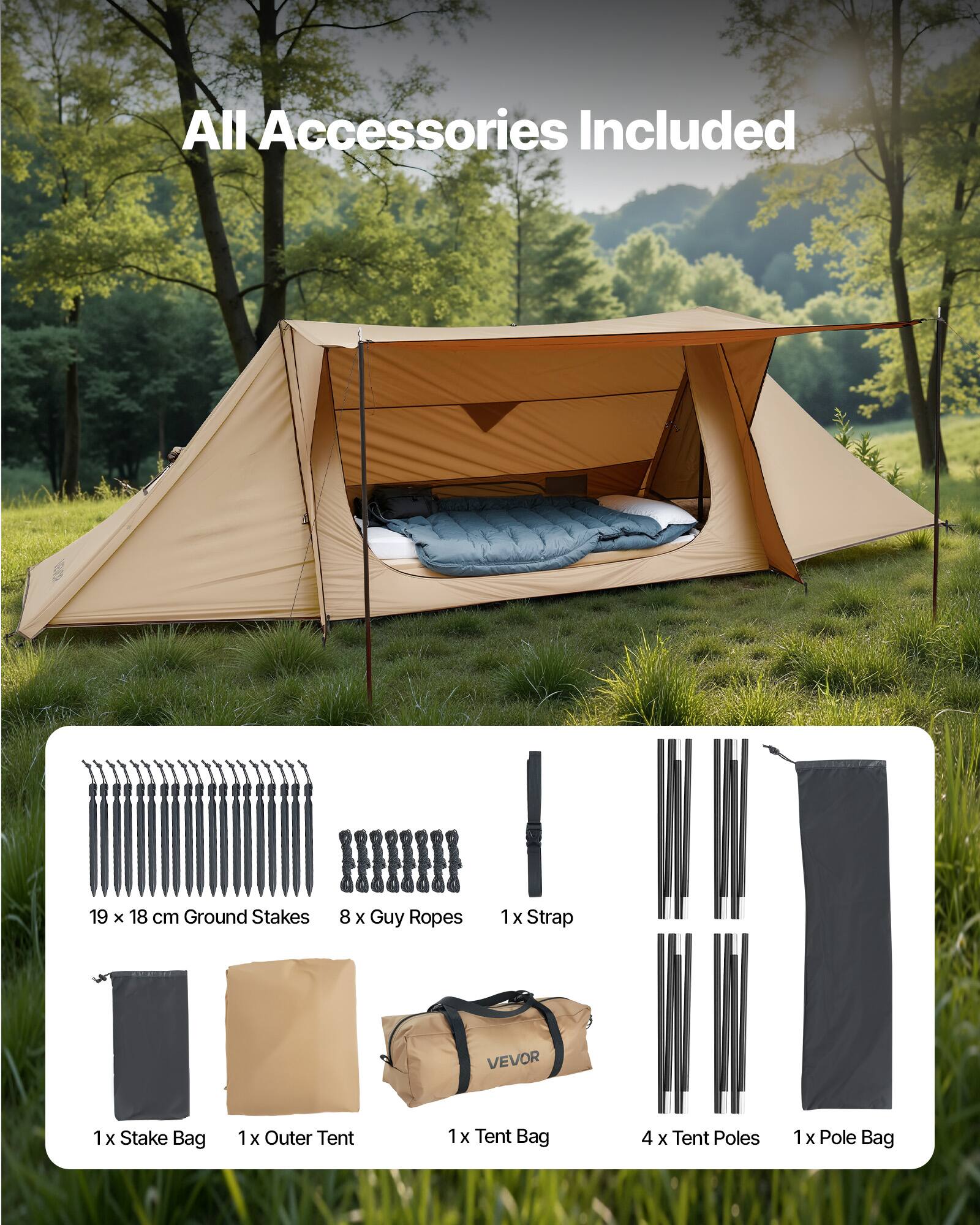 VEVOR Camping Hot Tent, Lightweight Bushcraft Tent with Stove Jack & 2 ...