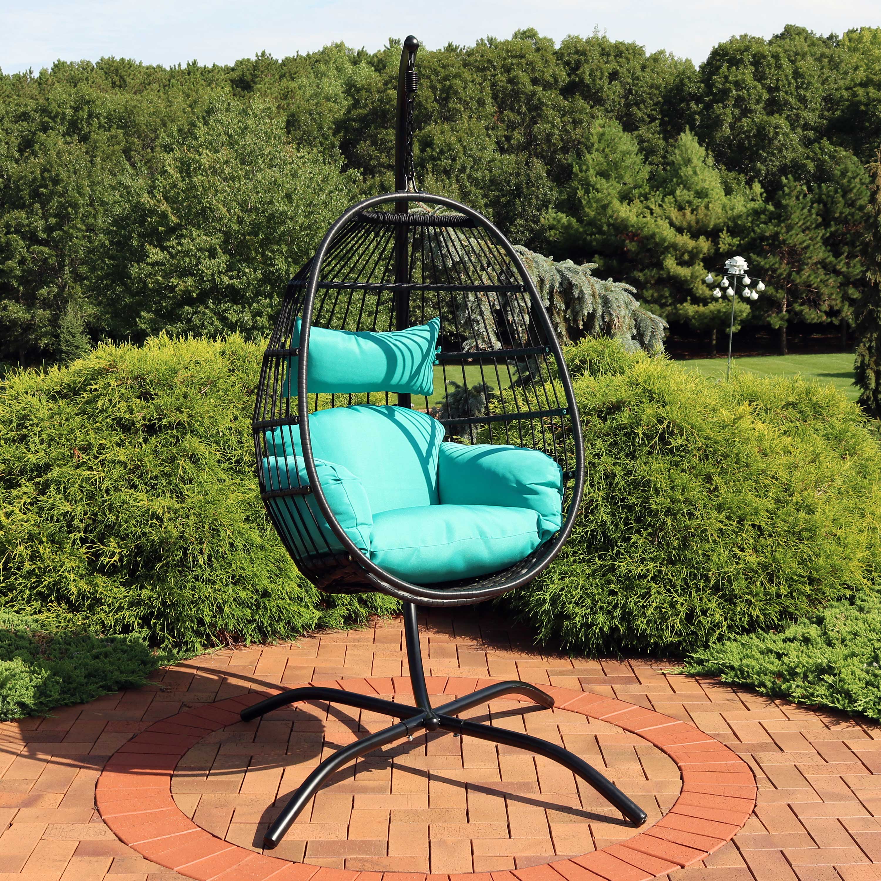 Sunnydaze Resin Wicker Hanging Egg Chair with Steel Stand/Cushions ...