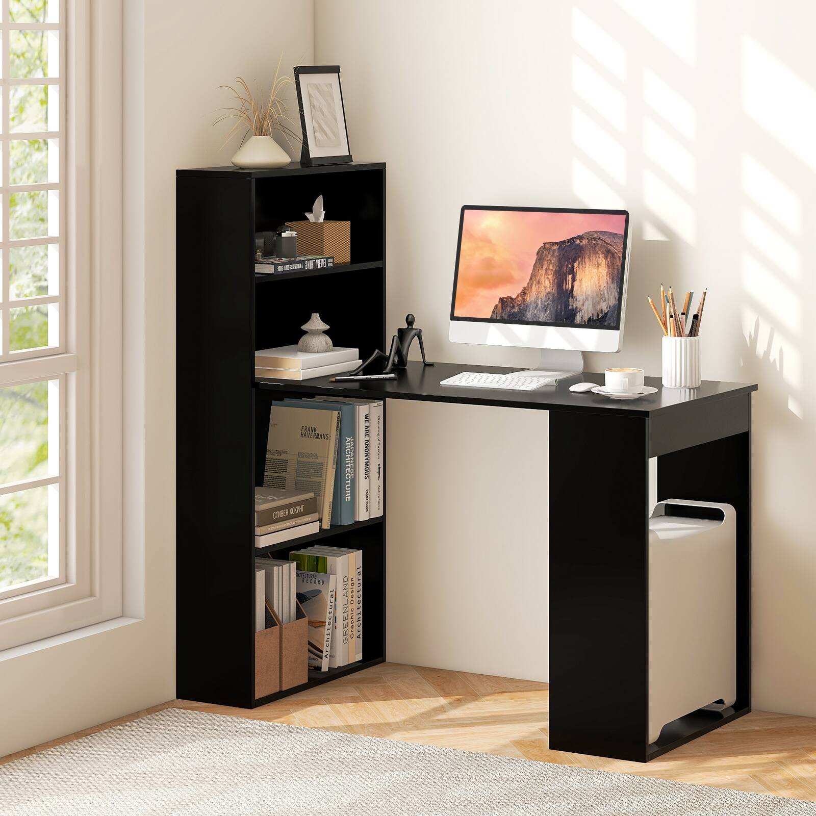 SlickBlue Home Office Computer Desk with CPU Stand & 4 Tier Bookcase ...