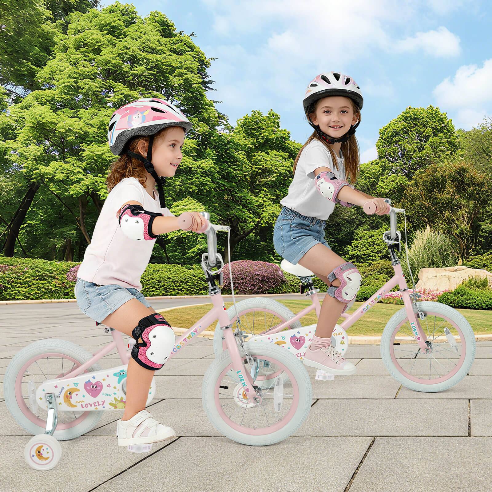 Costway 14 Inch Kids Bike for Girls Boys Age 3 8 Years with Training Wheels, Coaster Brake Pink ...