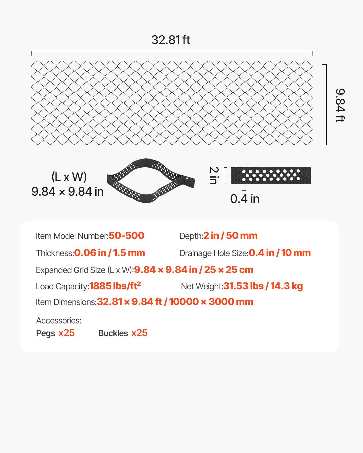 VEVOR Gravel Grid, 2 Inch Depth, 32.81 x 9.84 FT / 10000 x 3000 mm ...