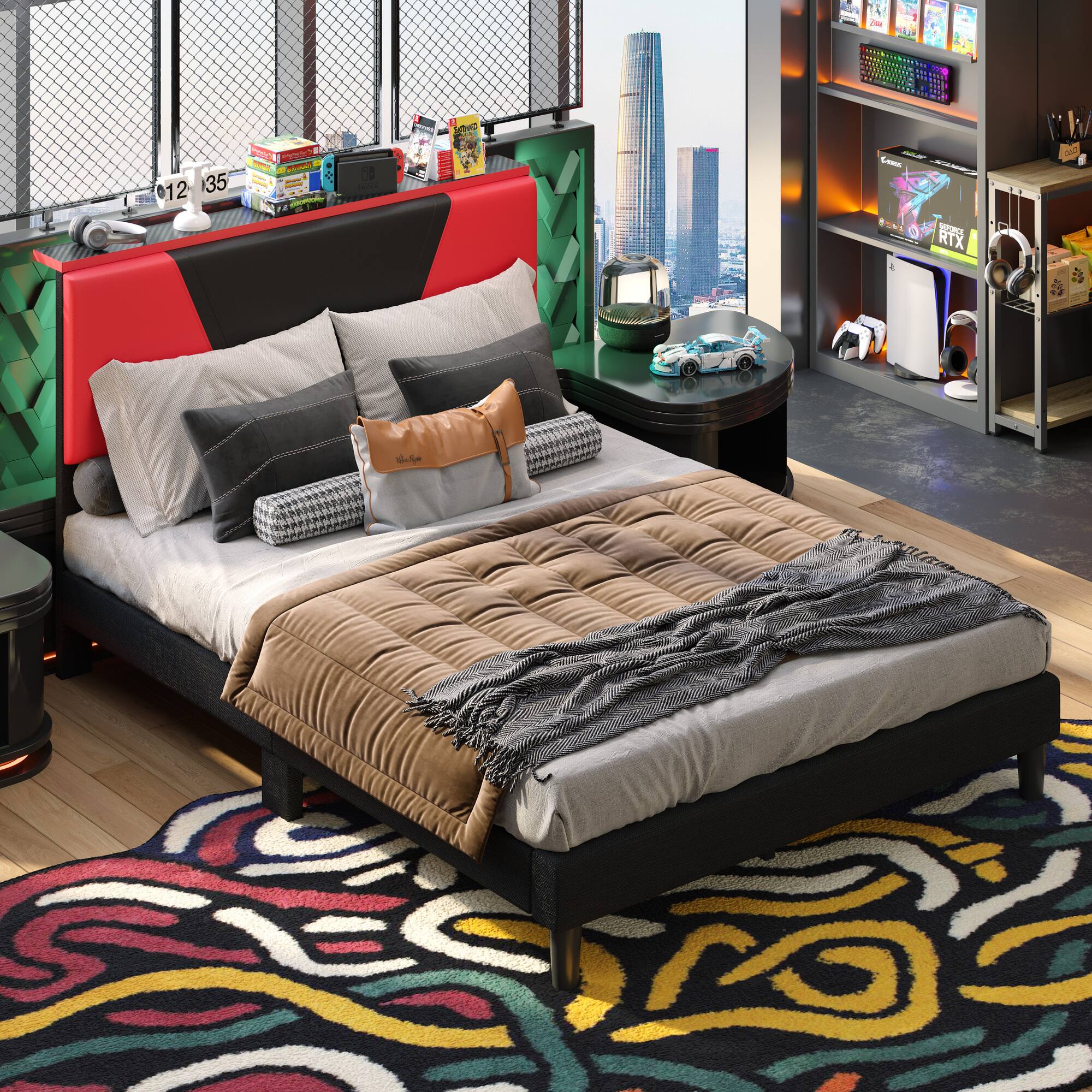 Bestier Queen Size Bed Frame with LED Adjustable Storage headboard, PU ...