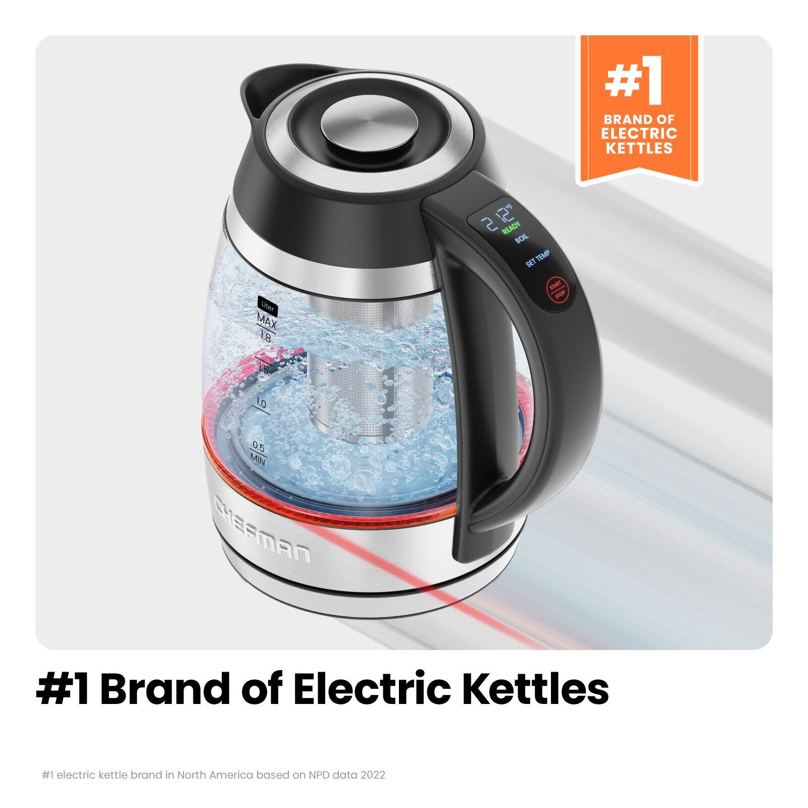 Chefman Lightning 1.8L Custom Temp Electric Kettle with Tea Infuser Stainless Steel RJ11-18-CTI ...