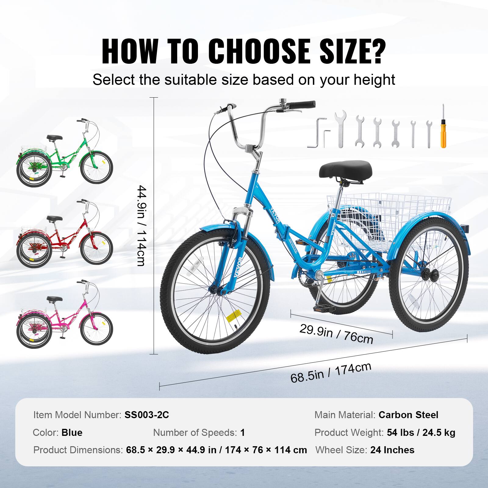 VEVOR Folding Adult Tricycle, 24 Inch Adult Folding Trikes, Carbon ...