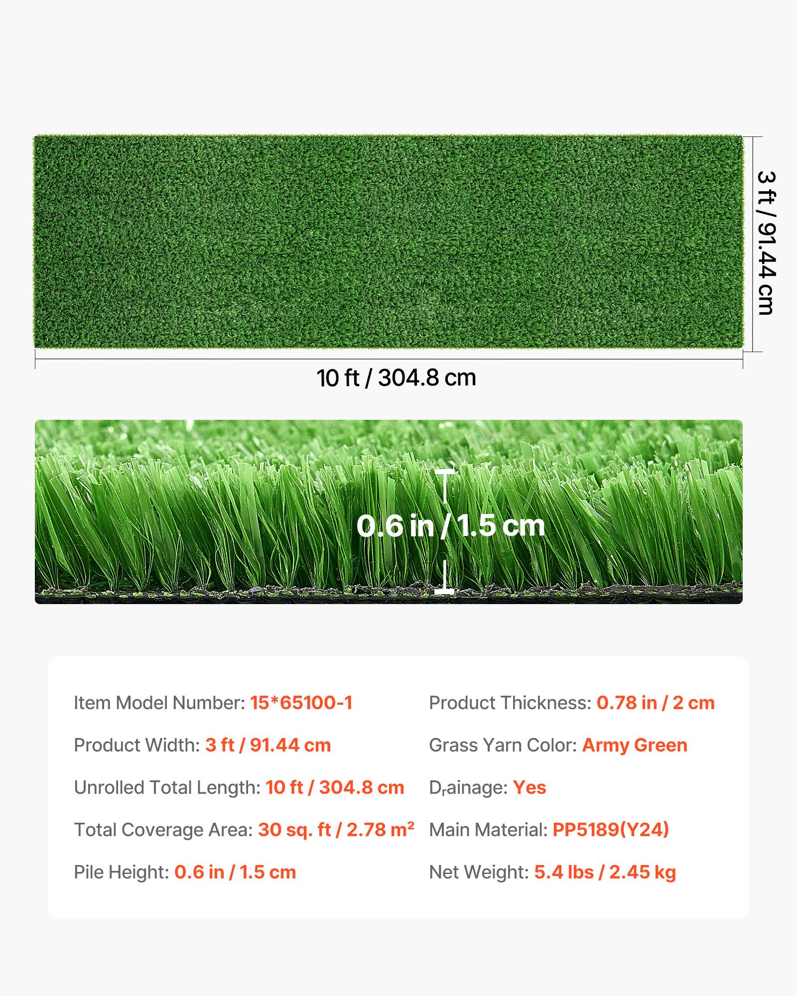 VEVOR Artificial Grass, 10 x 3 ft Fake Grass Turf Rug, 0.6 in Pile ...