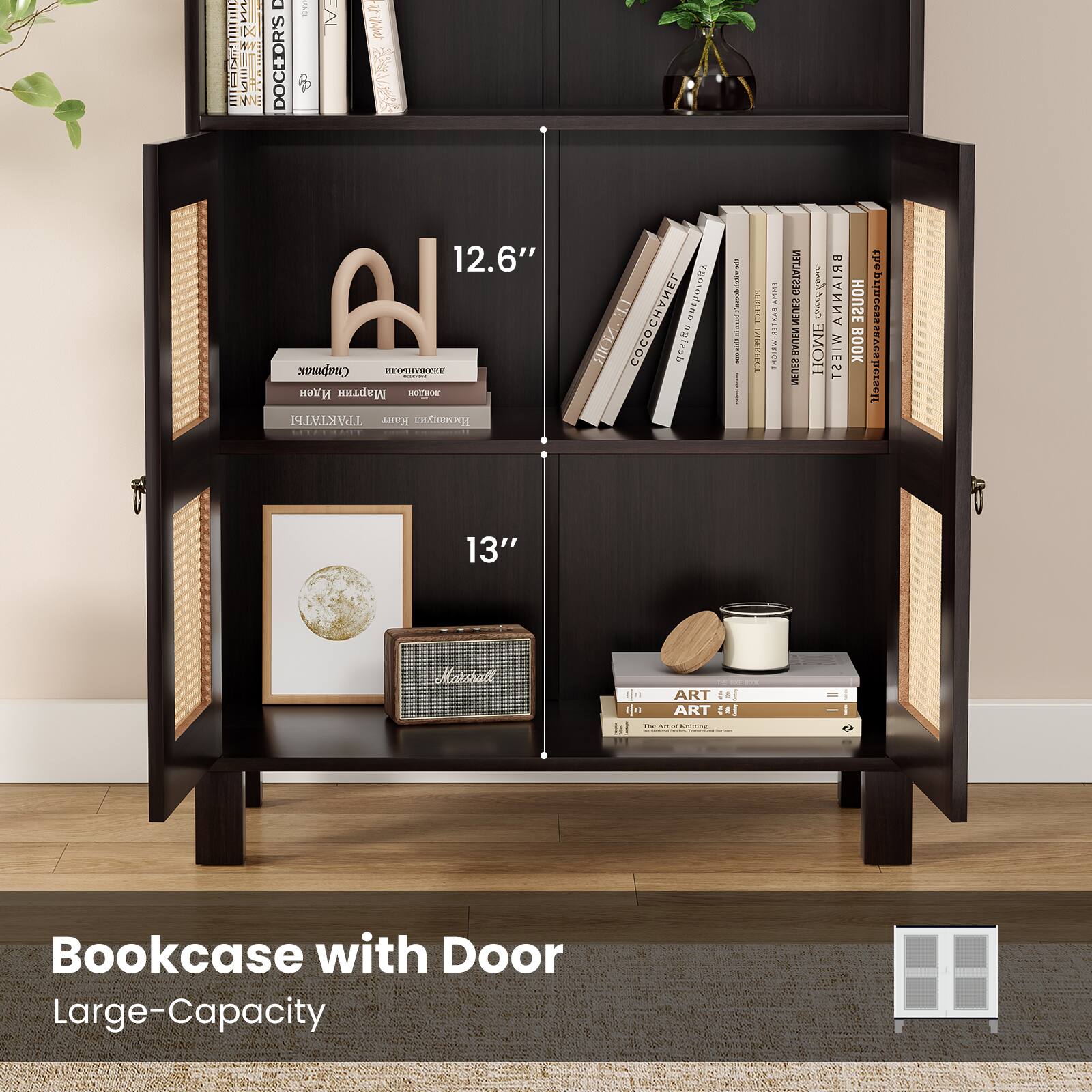 TinyHomie Tall Bookcase with Rattan Doors 5 Tier Storage Wood Shelves ...