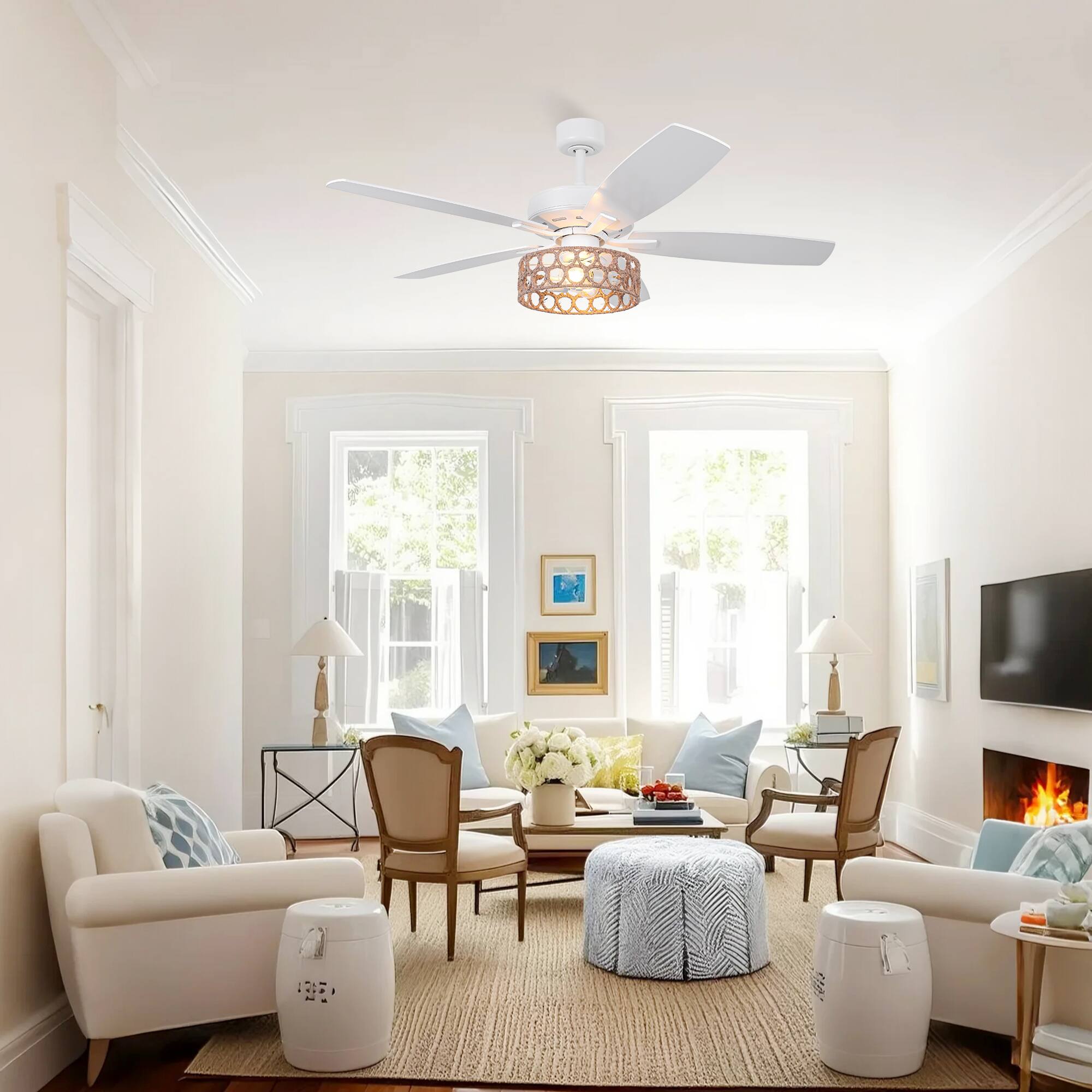 Parrot Uncle 52" Coastal Natural Jute Reversible Ceiling Fan with ...