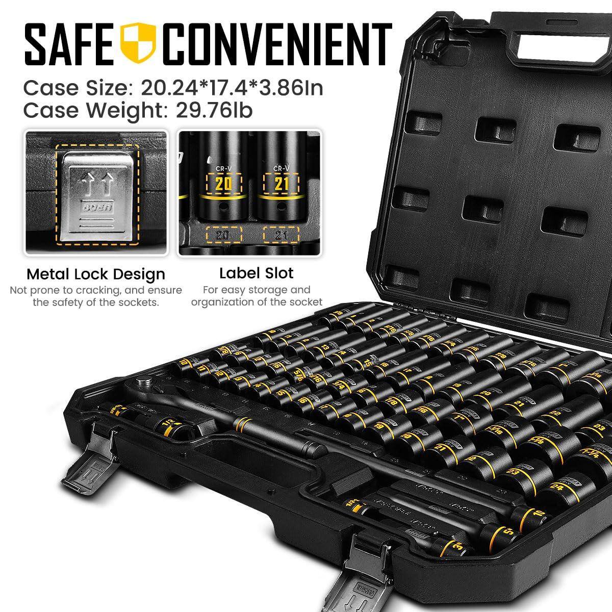 JETRANSPORT 1/2" Drive Impact Socket Set 65 piece Standard Sae (3/8" To ...