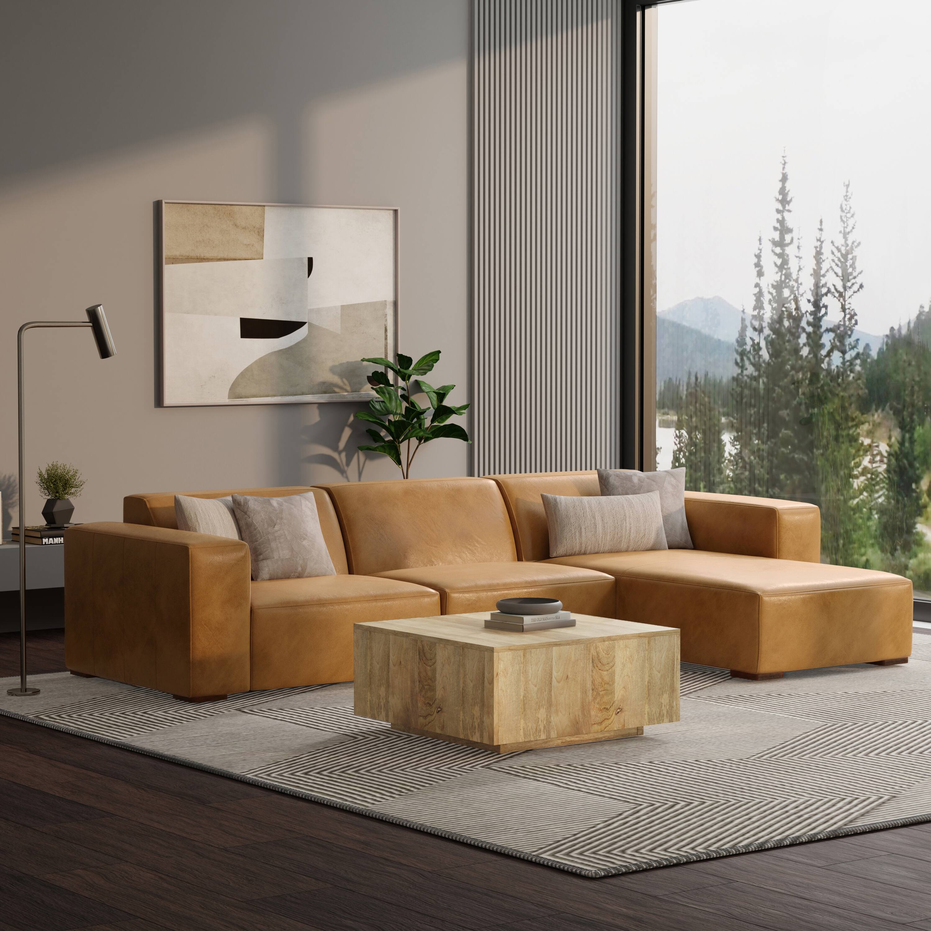 Simpli Home Rex Right Facing Modular Sectional Sofa in Genuine Leather ...