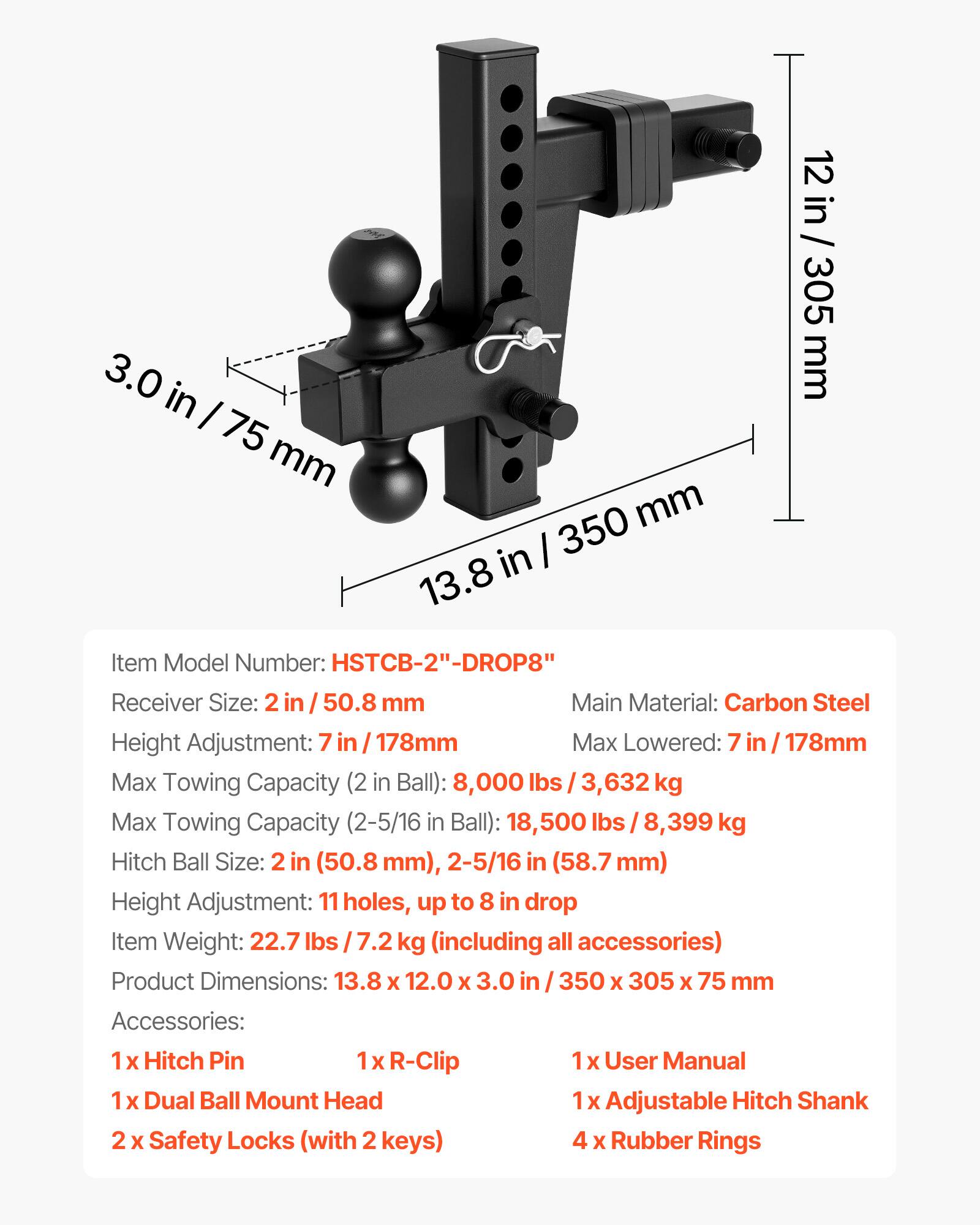 VEVOR Adjustable Trailer Hitch, Fit 2 Inch Receiver, Trailer Hitch ...