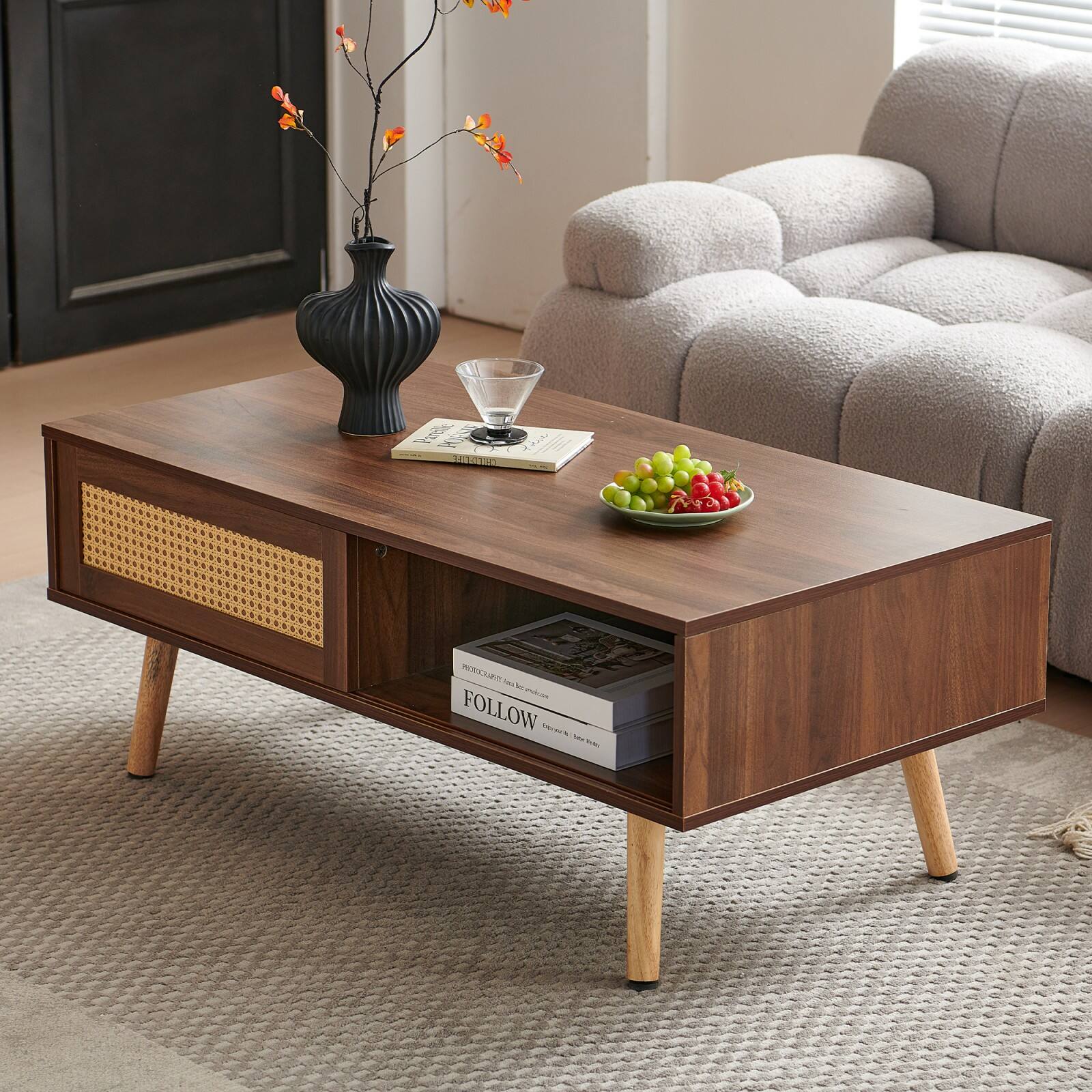 Ecooso PE Rattan Coffee table, Sliding Door for Storage, Solid Wood ...
