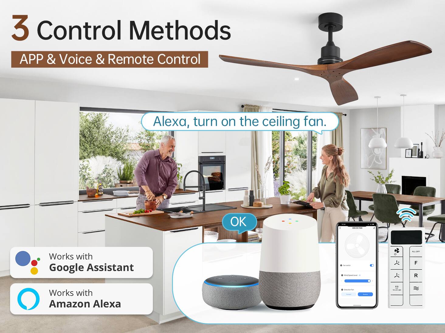 Sofucor 52'' Smart Ceiling Fan No Light with Remote/APP/Alexa Control 3 ...