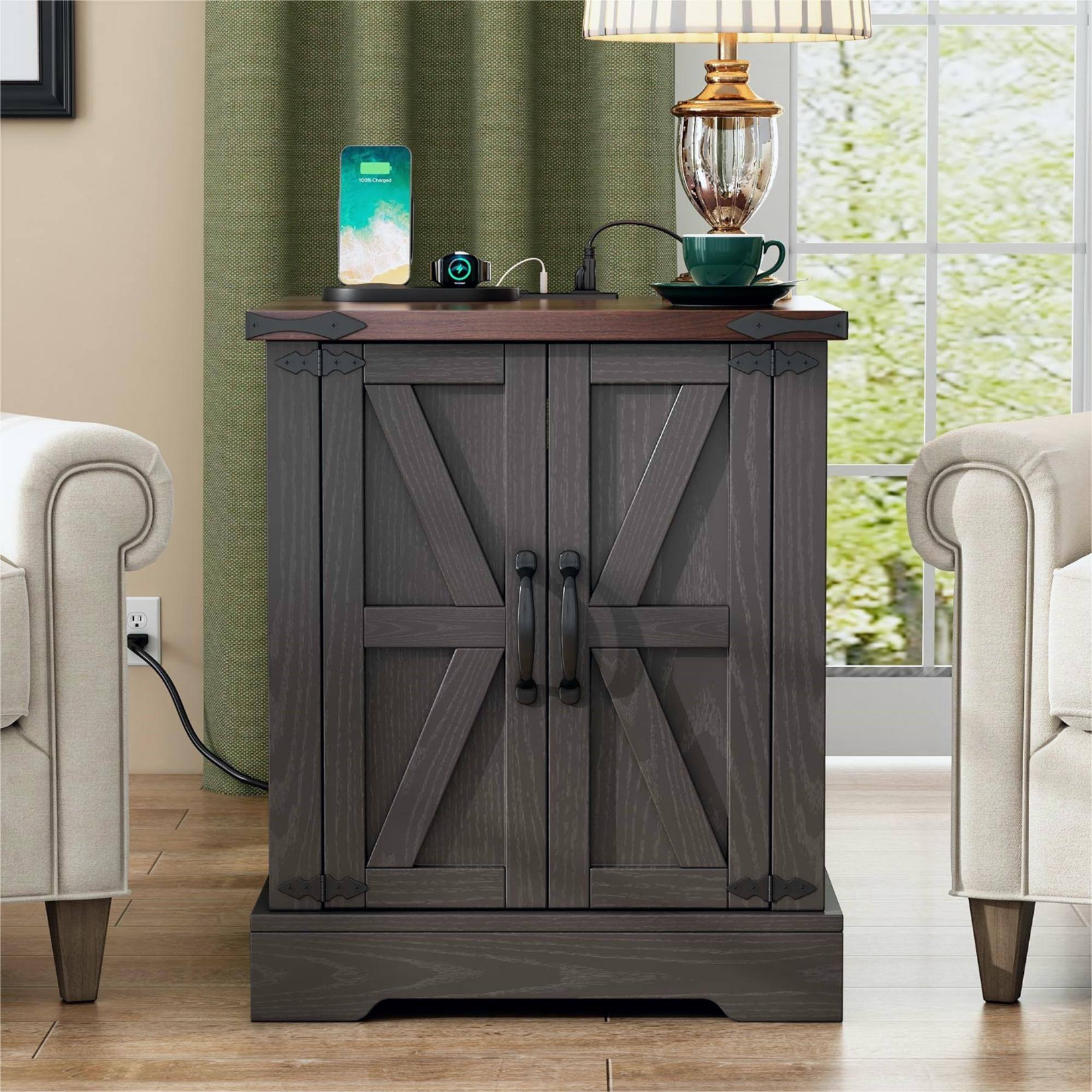 Ecooso Farmhouse End Table with Charging Station, Adjustable Shelf ...
