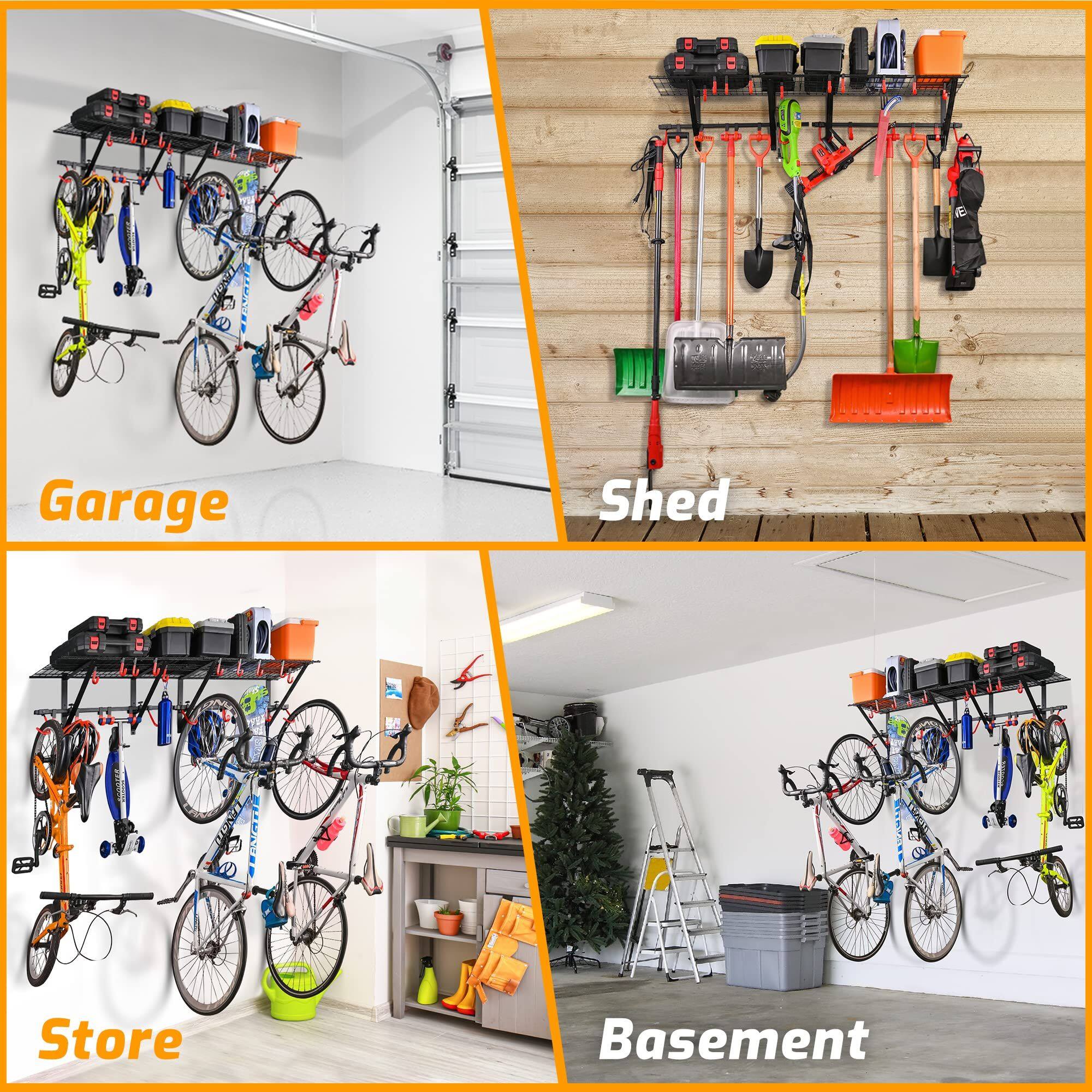 ZACHVO Garage Wall Shelf 1 Pack w/ 2 Vertical Bike Hooks, 250 lb Powder ...