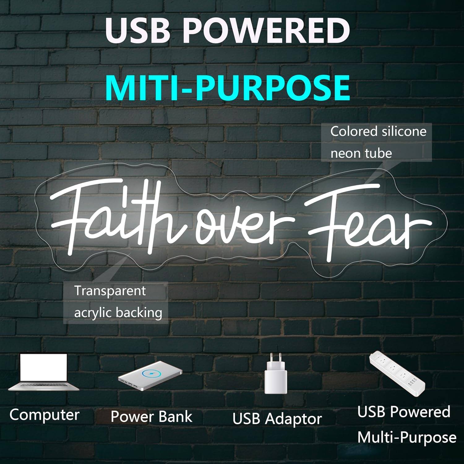 Auledio Faith Over Fear Neon Sign,Jesus Positive Led Neon Sign, USB ...