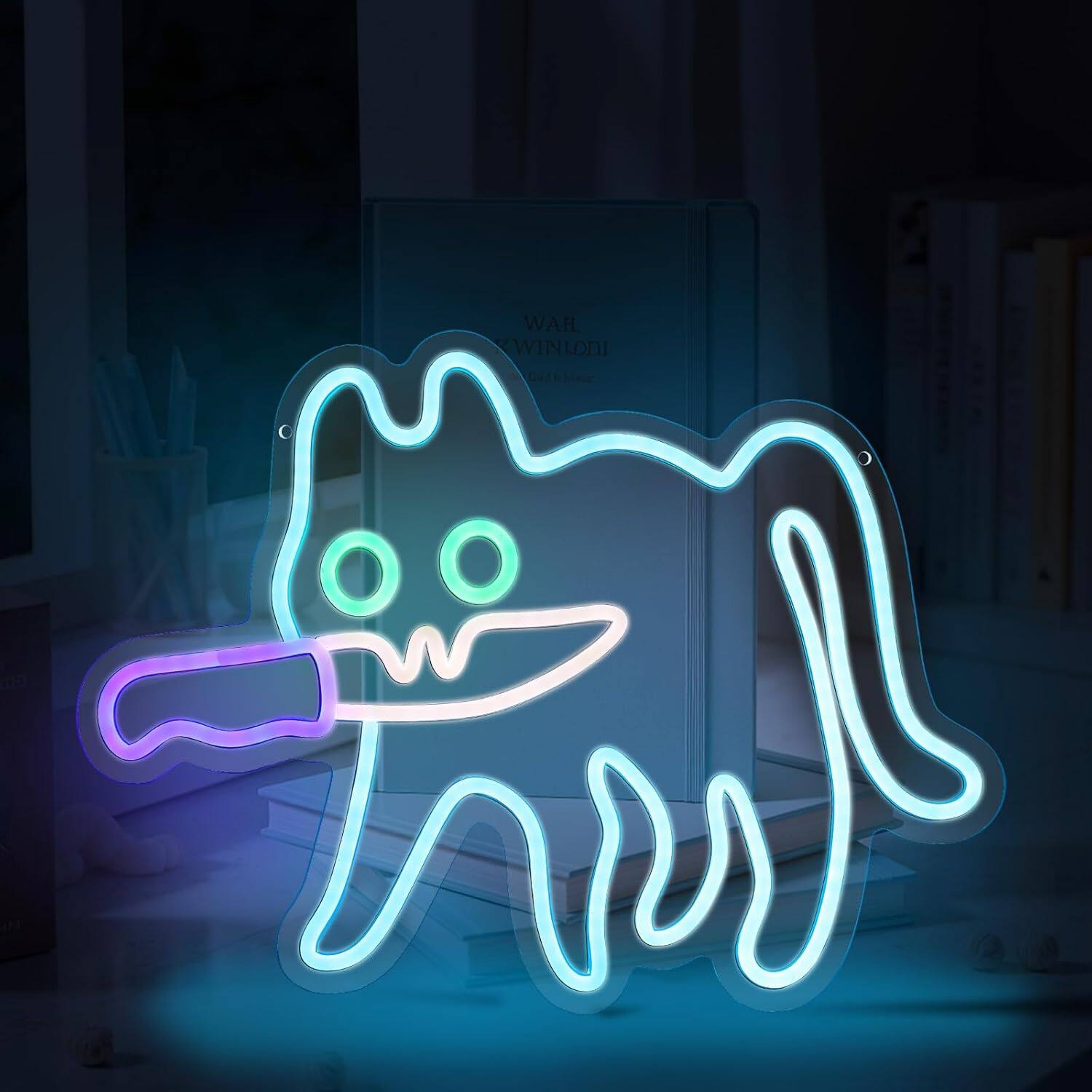 Auledio Cat and Knife Neon Sign, 16.9x12.4" Blue Led Neon Light with ...