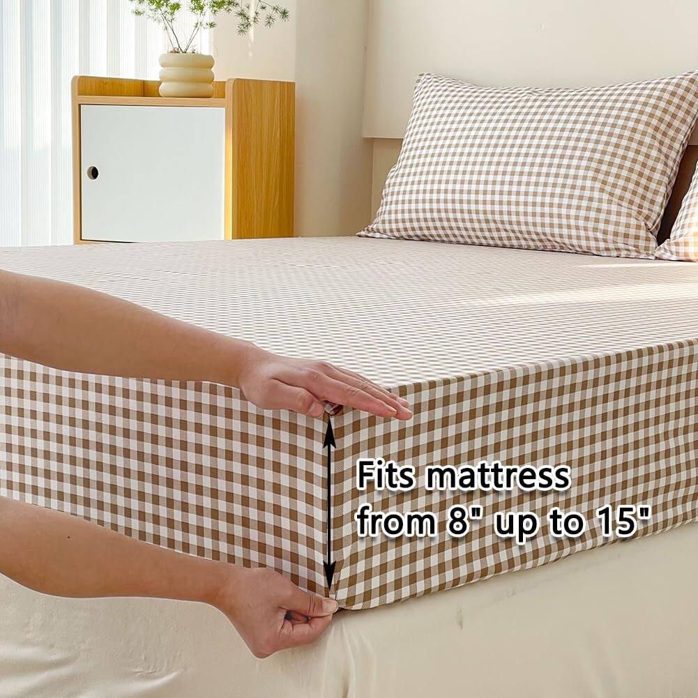Dapper Styles Tan Gingham Sheet Set Soft Brushed Microfiber Taupe Plaid ...