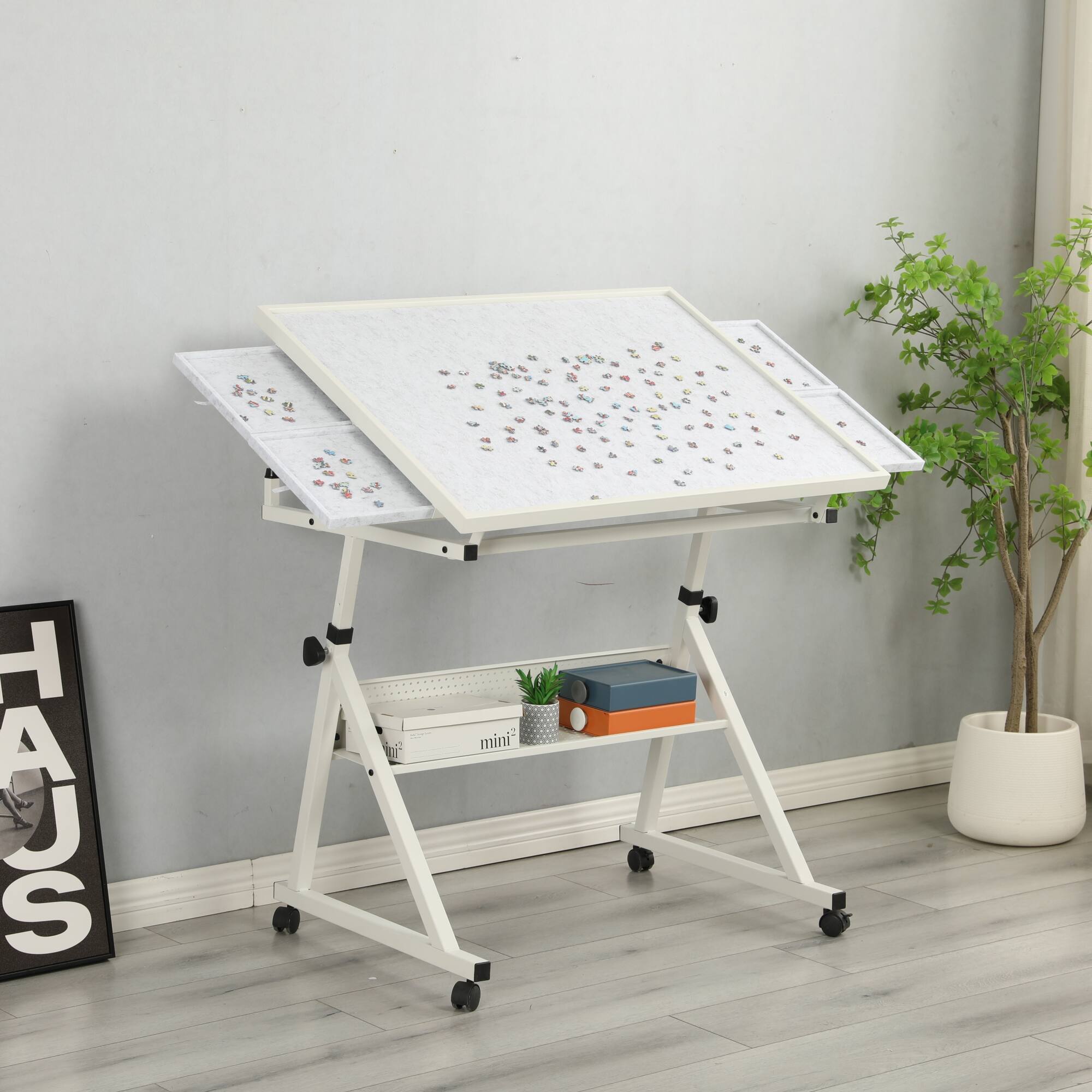 GOODSILO Adjustable Height Puzzle Table with Storage Trays and Rolling ...