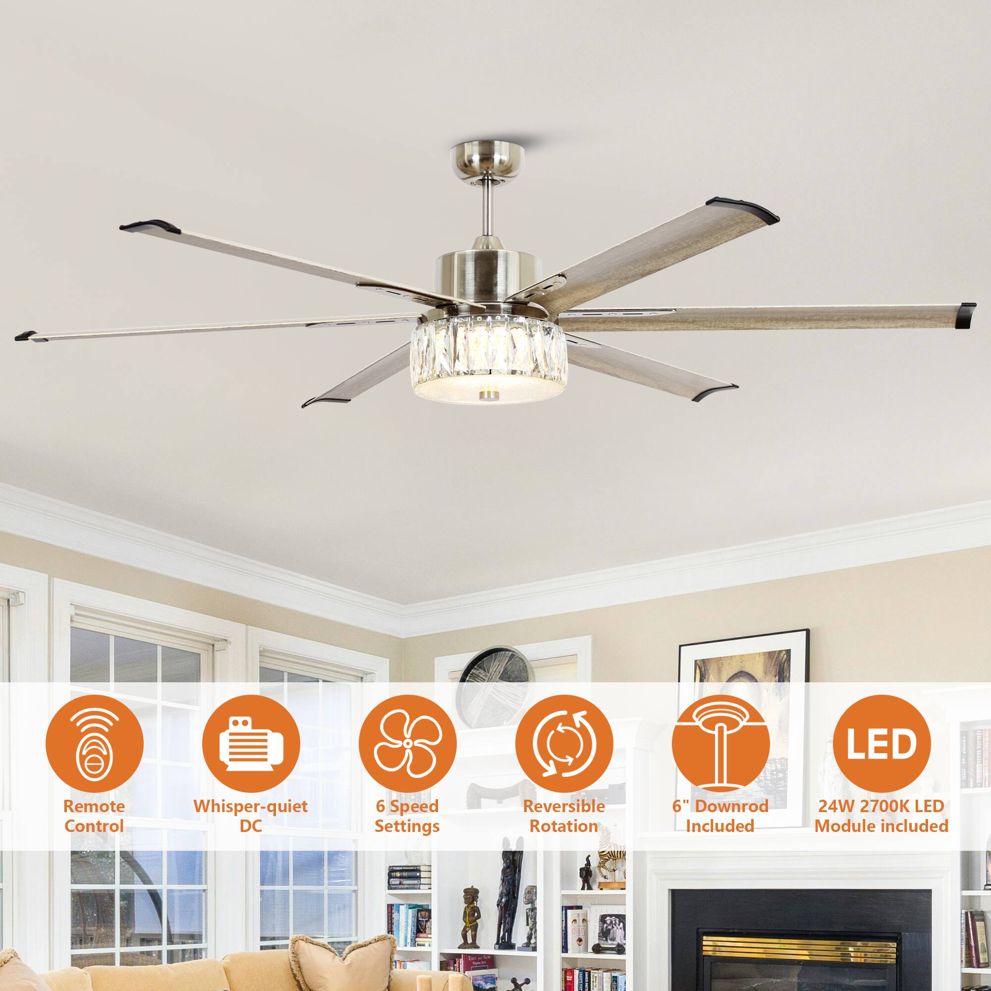 Parrot Uncle 65" Modern Silver LED Ceiling Fan with Remote Control and ...