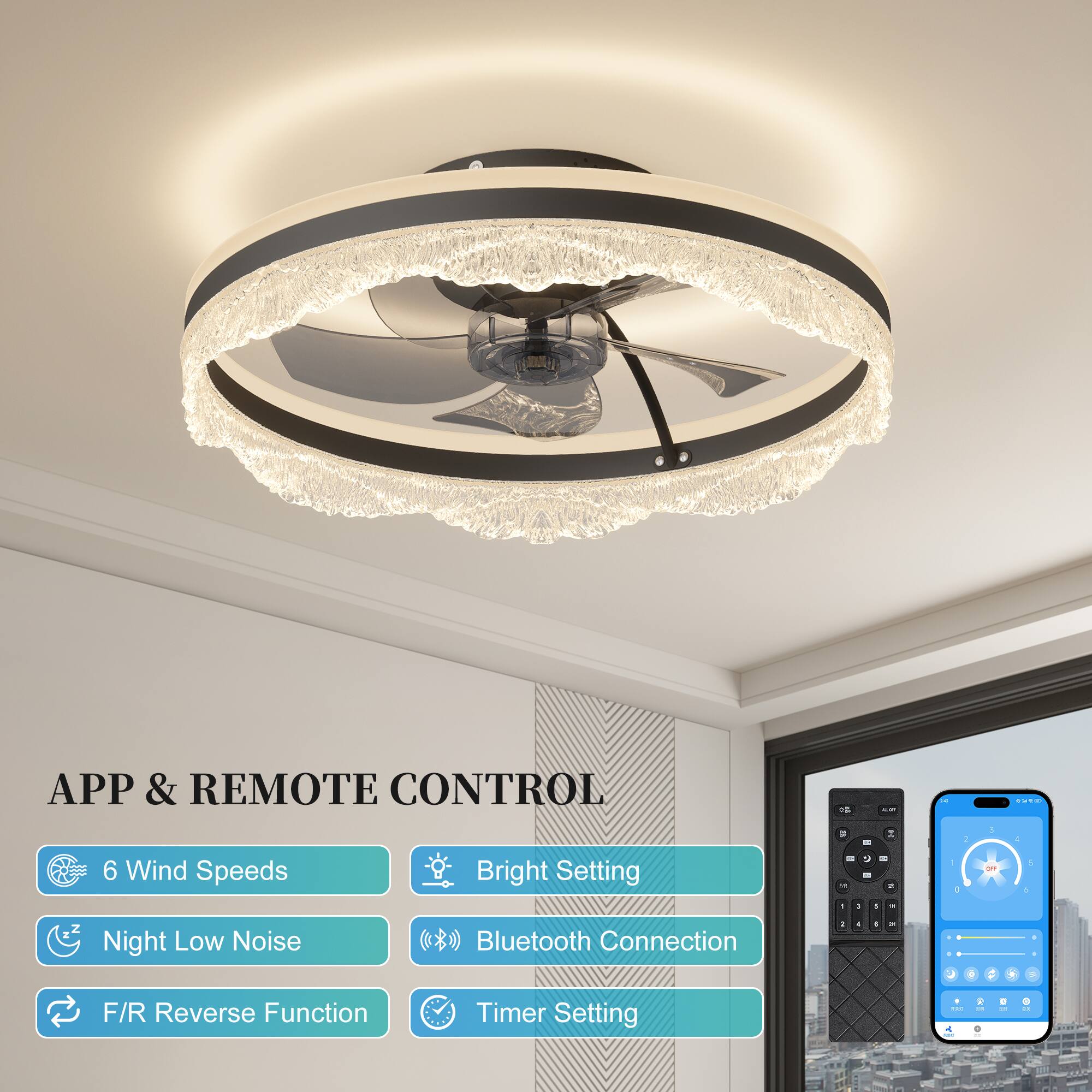 APRILSOUL 20 inch Smart Silent Ceiling Fan Light Crystal Hidden Blades ...