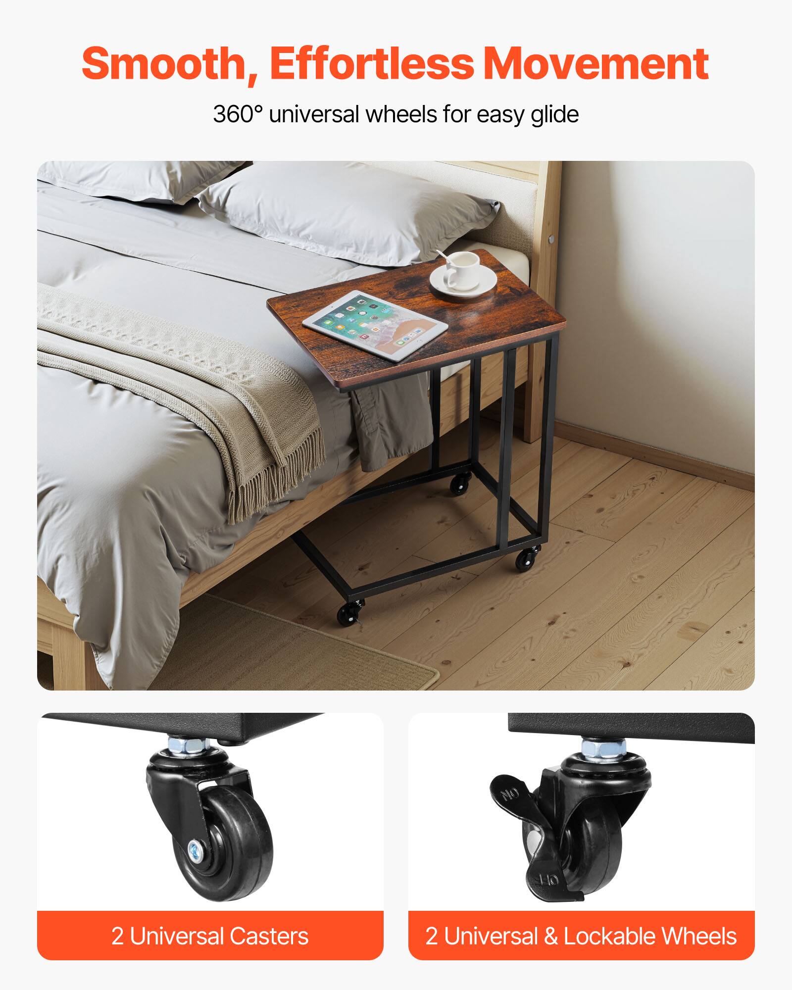 VEVOR C Table, C Shaped Sofa Side Table with Metal Frame Rolling ...