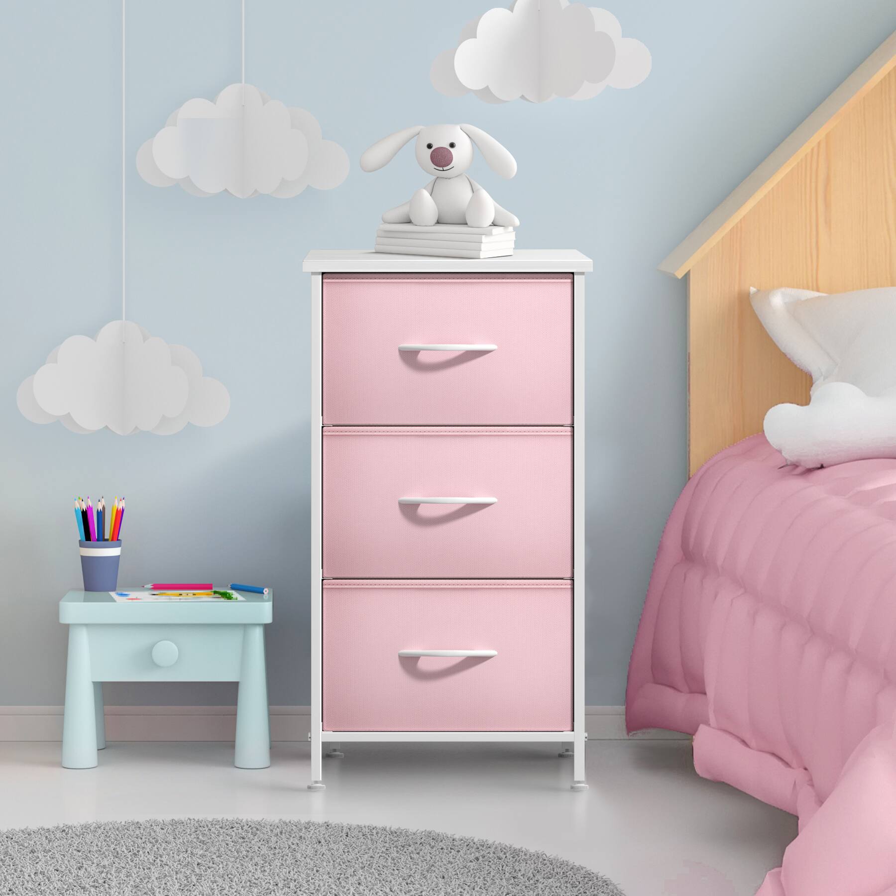 Sorbus Nightstand with 3 Drawers Steel Frame, Wood Top &Fabric Bins ...