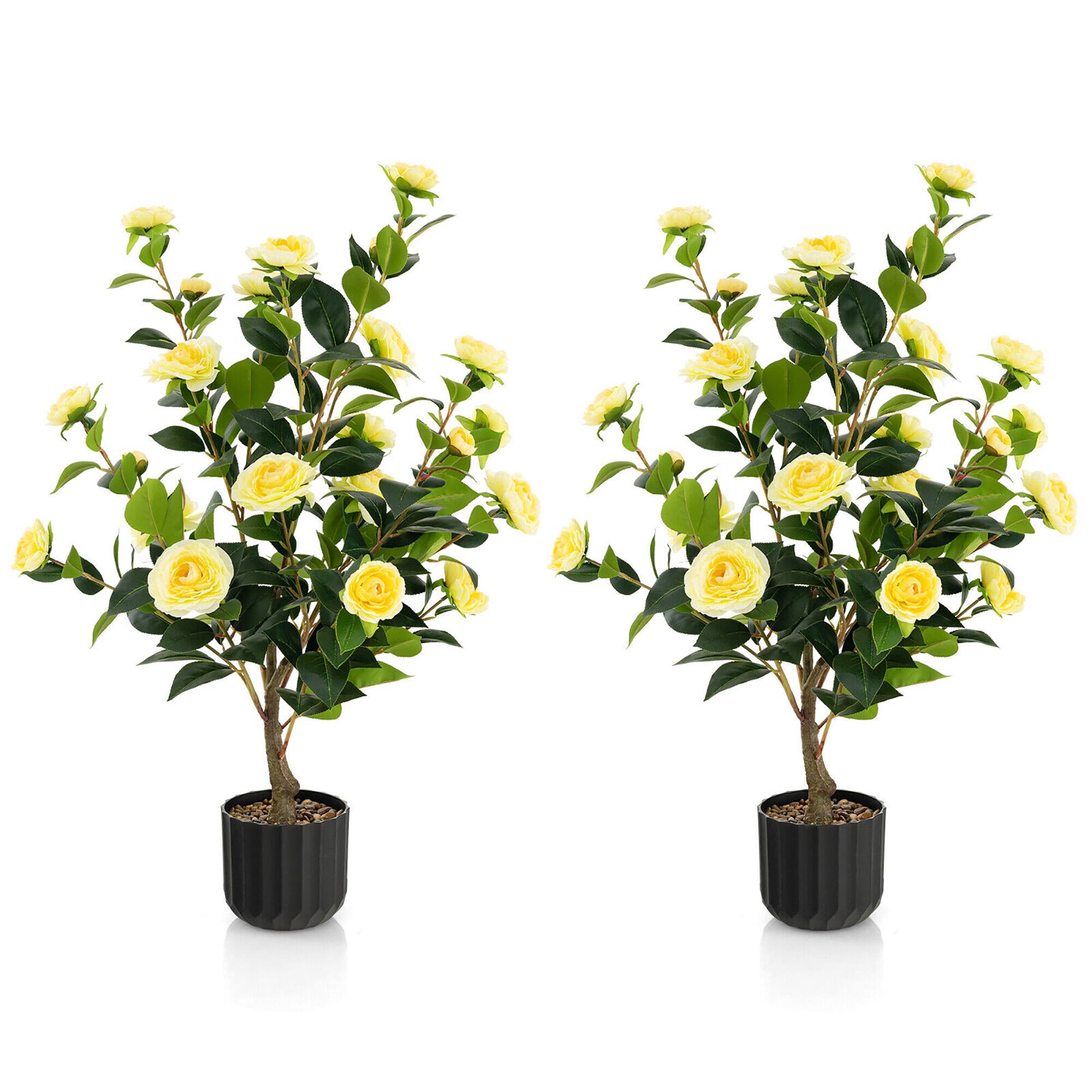 Gymax 2 Pack 38'' Artificial Camellia Tree Faux Floral Plant for ...