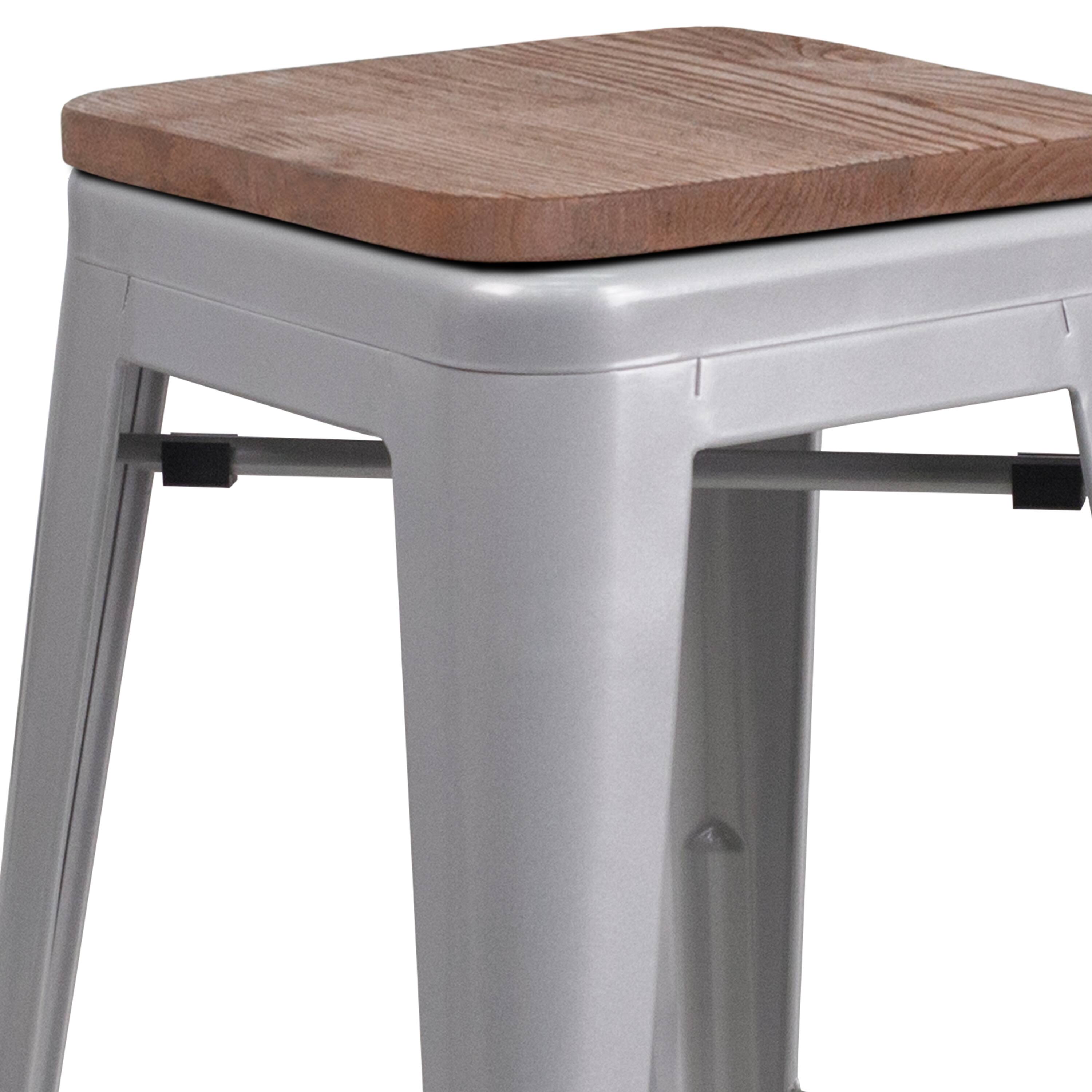 Emma + Oliver 30"H Backless Metal Barstool with Wood Seat Silver ...
