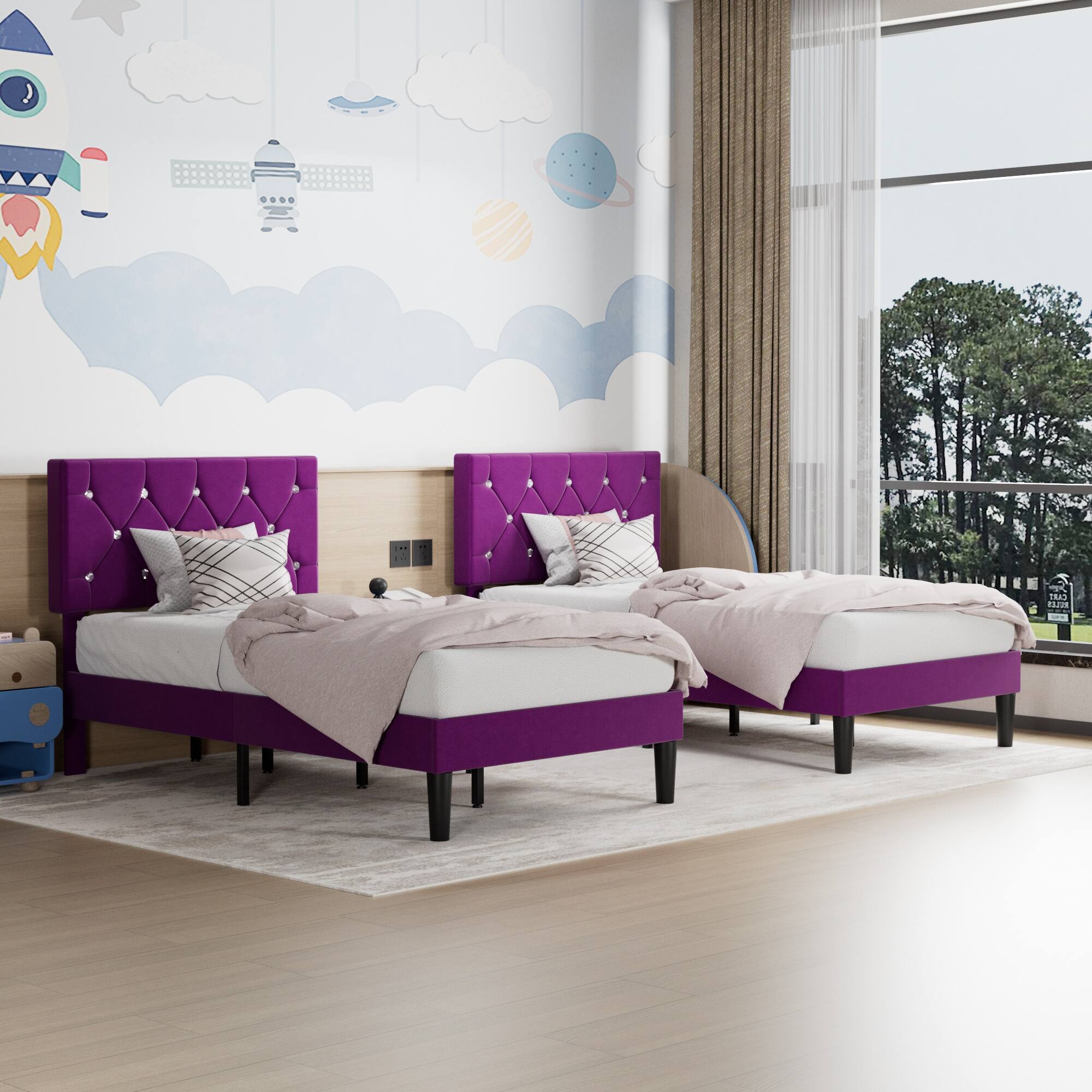 Vecelo Twin Bed Frame with Upholstered Headboard, Heavy Duty Wooden Bed ...