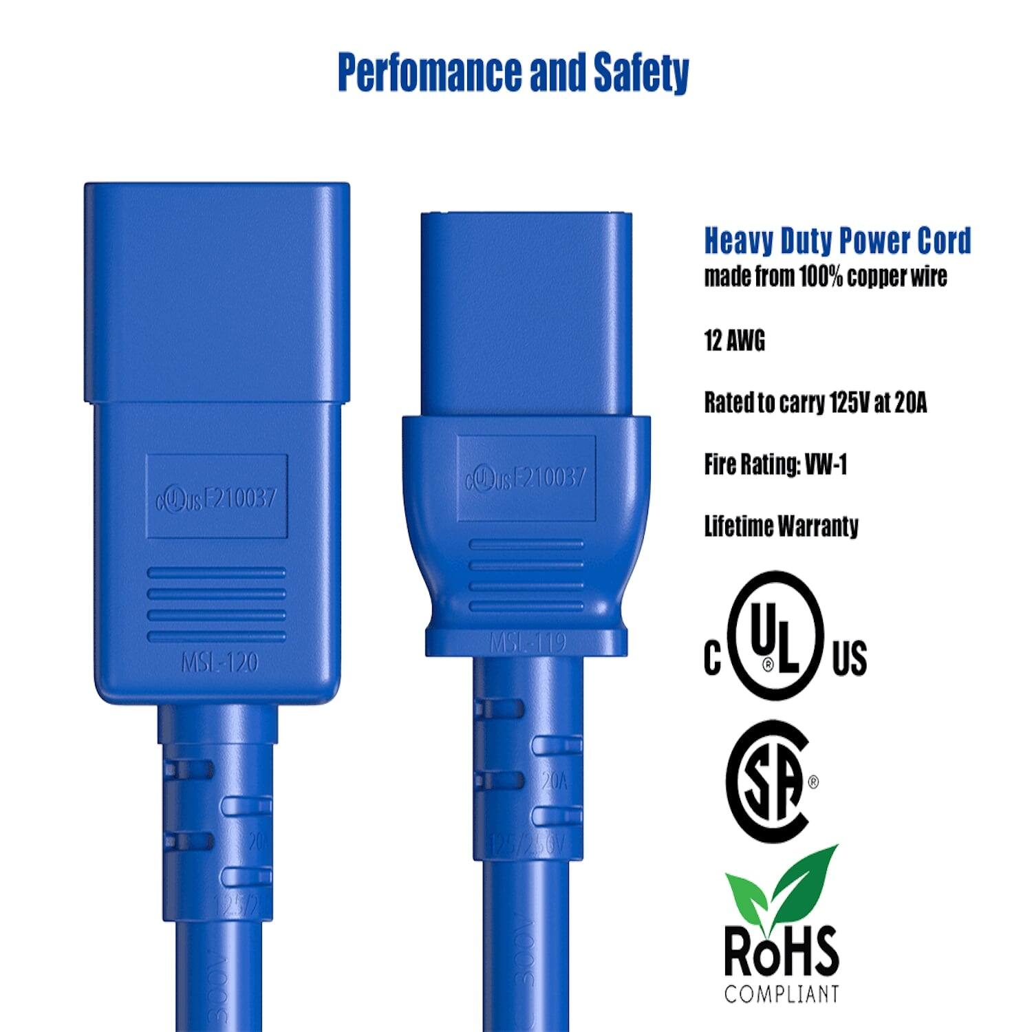 Sanoxy Cables and Adapters; 2ft 12 AWG 20A 250V Heavy Duty Power Cord (IEC320 C20 to IEC320 C19 ...