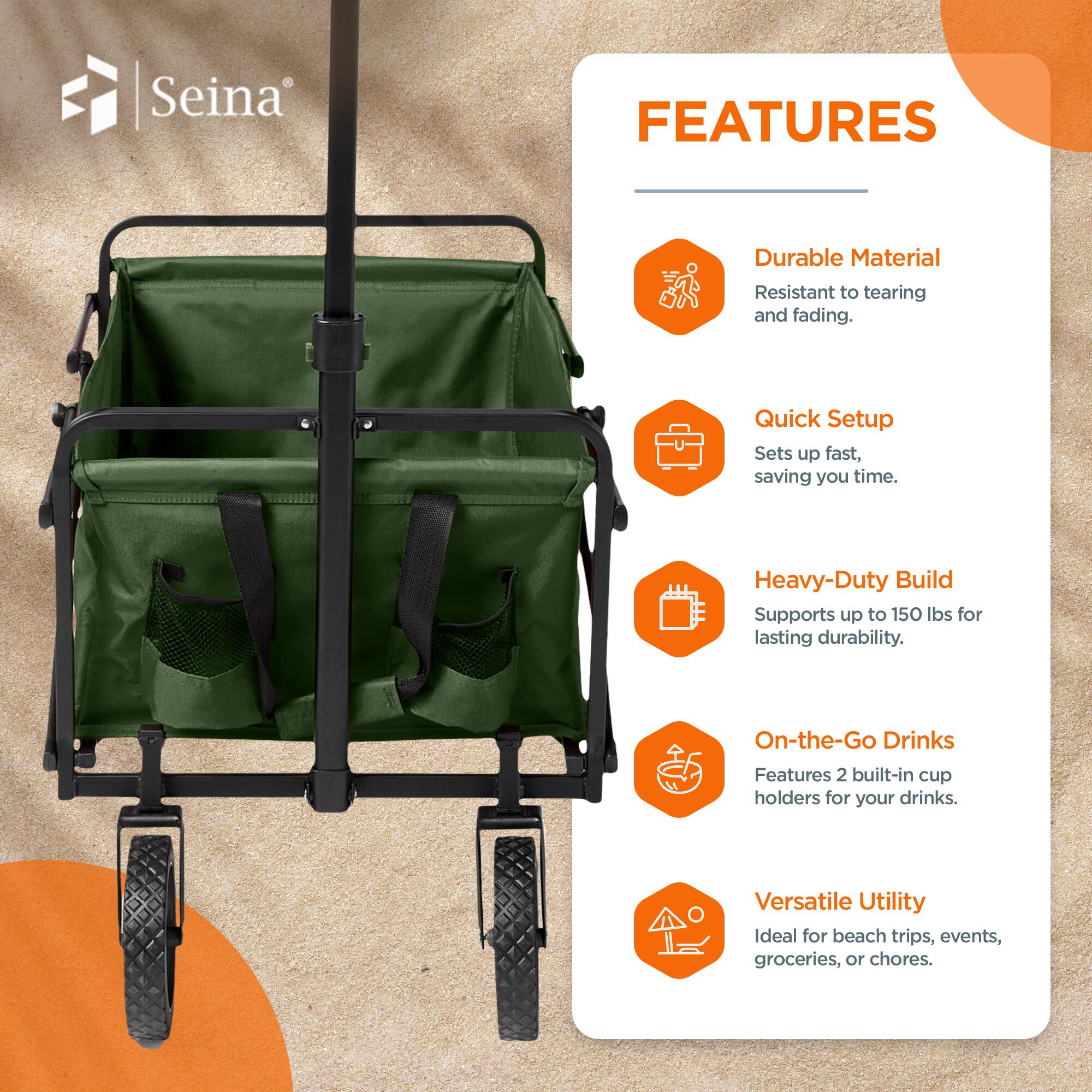 SEINA 150lb Capacity Collapsible Steel Frame Outdoor Utility Wagon Cart Green SUW-408-GREEN ...