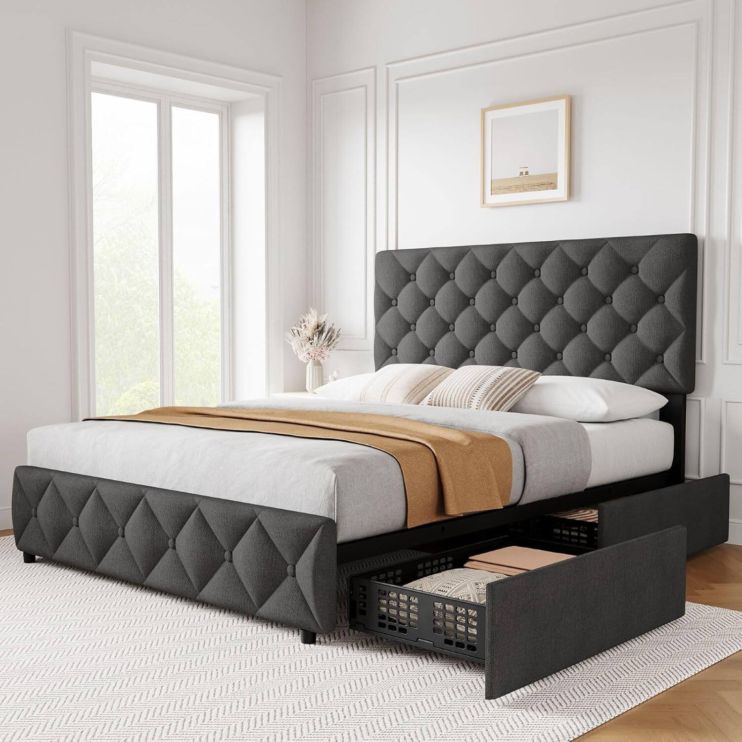 Jojoka Full Size Bed Frame with 4 Storage Drawers, Adjustable Tufted ...