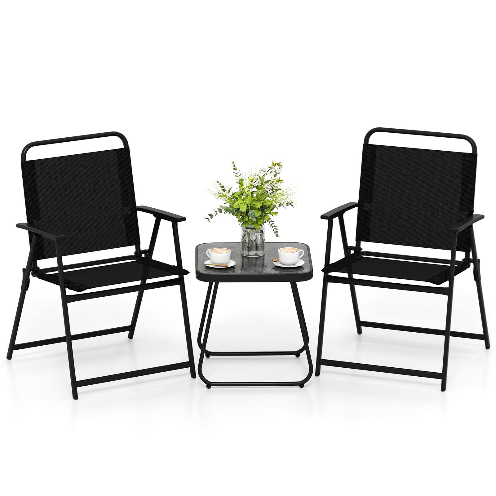 Gymax 3 Piece Patio Furniture Set Folding Fabric Chairs & Marble Like ...