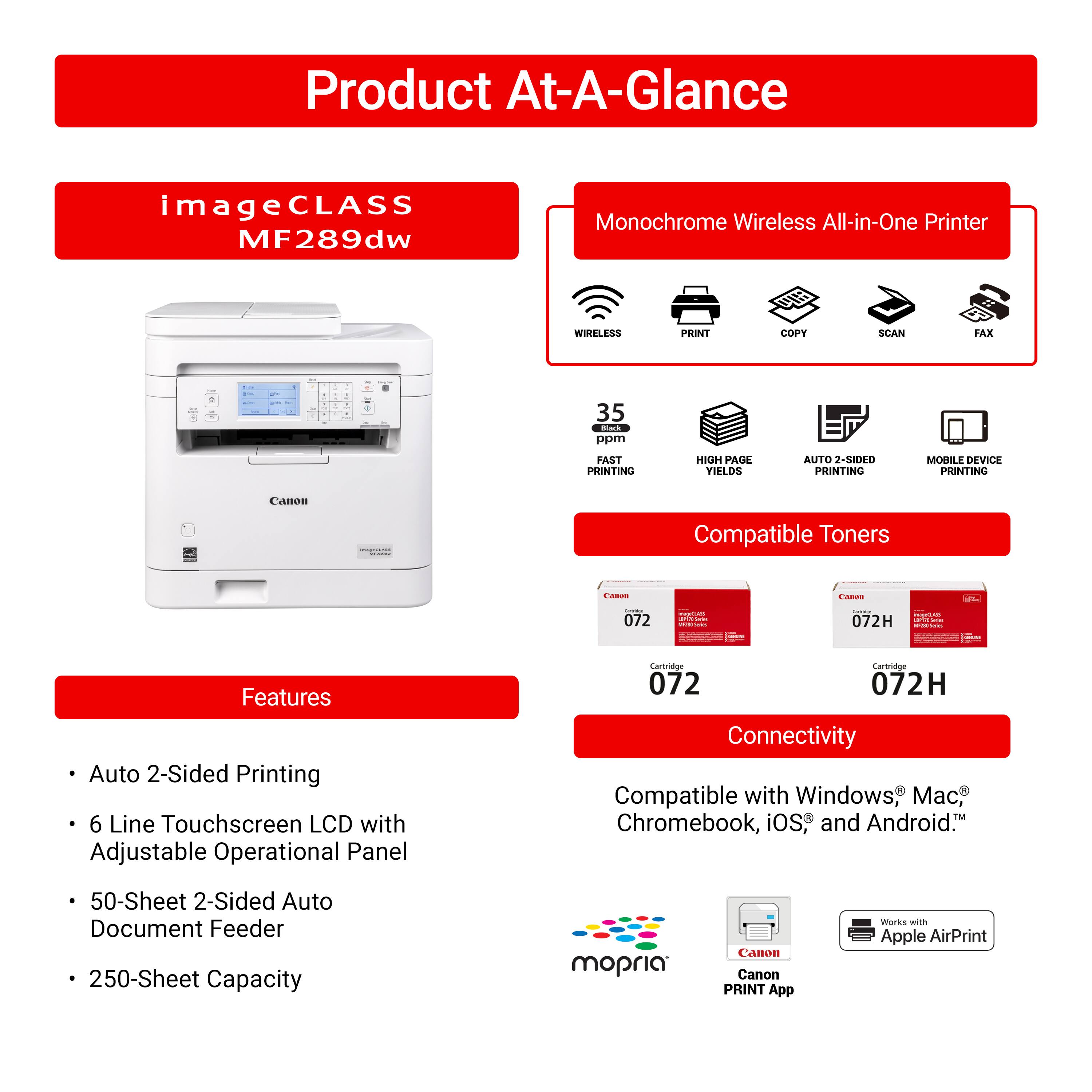 Canon imageCLASS MF289dw Wireless Black and All In One Laser Printer with Fax White 6354C005 ...