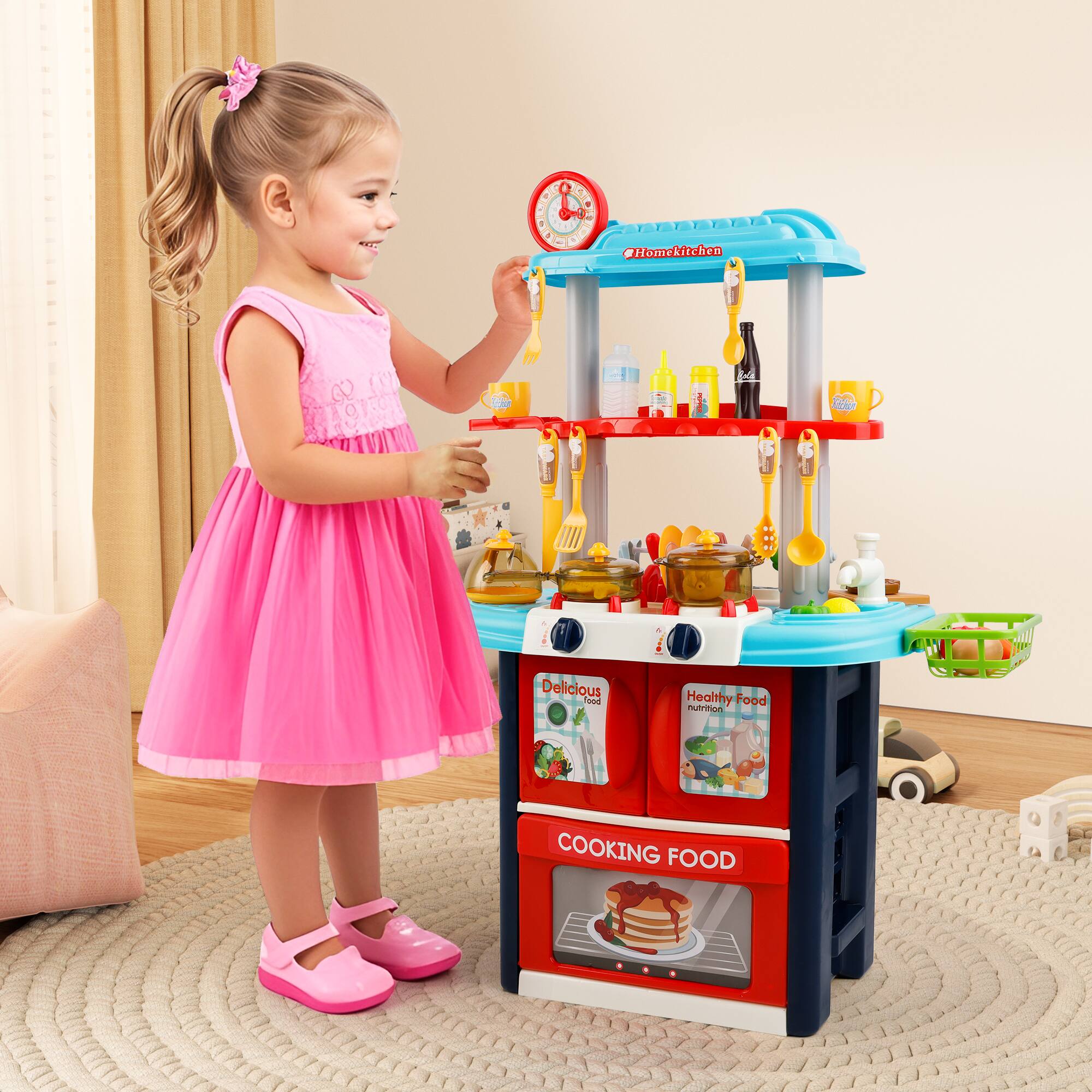 Topteng Kids Kitchen Playset with Sound, Light & Spray Blue Plastic ...
