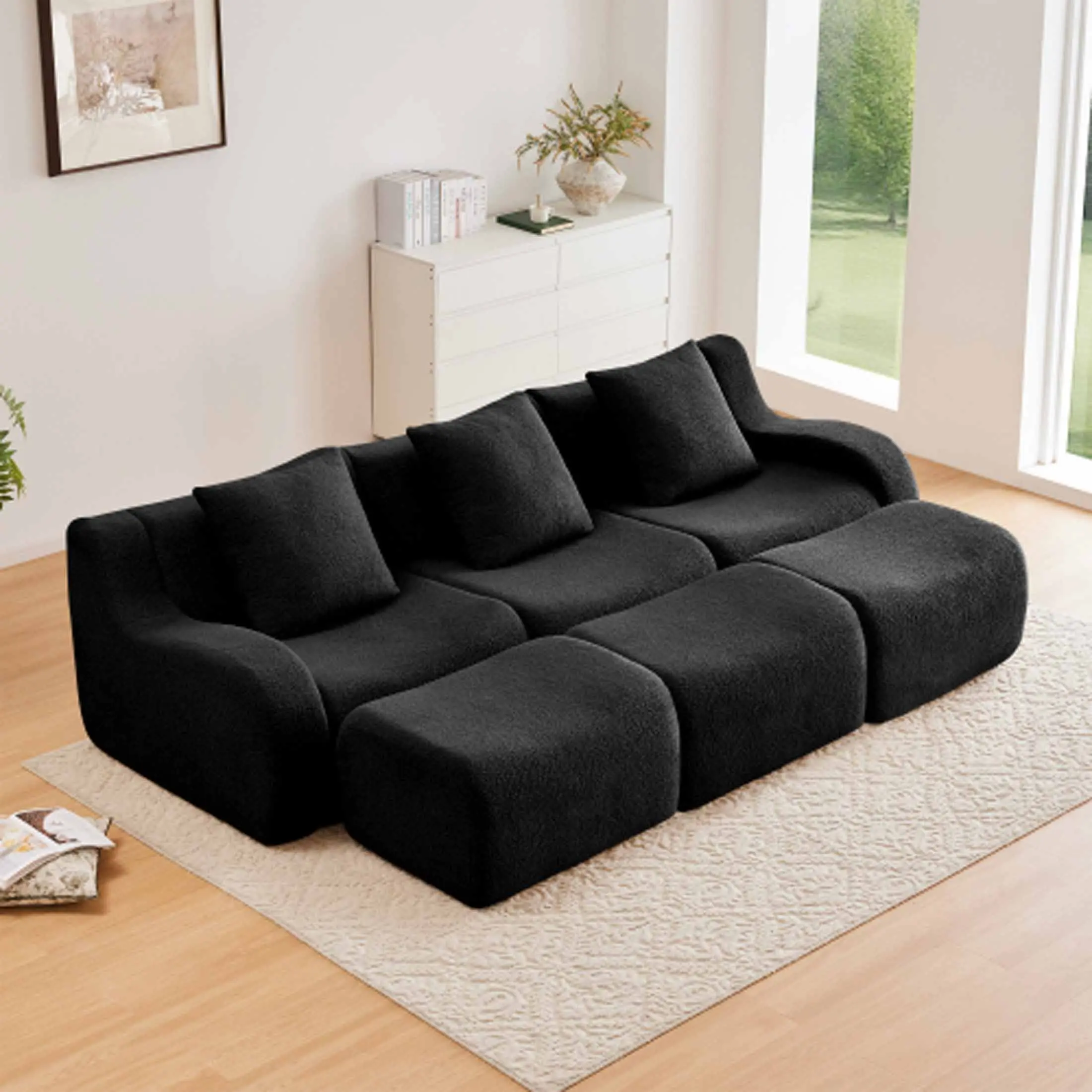 Aukfa Modular Teddy Fabric Sofa 3 Seat Sectional with 3 Ottomans, Soft ...