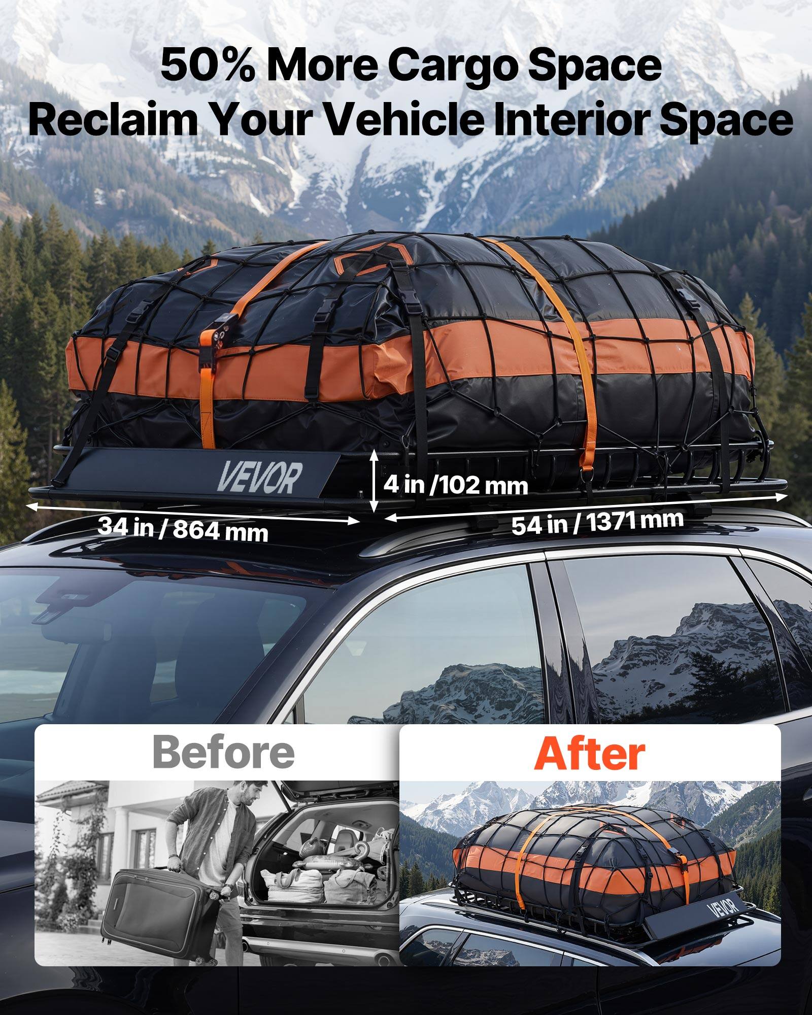 VEVOR Roof Rack Cargo Basket, 54 x 34 x 4 in, Heavy Duty Roof Top ...