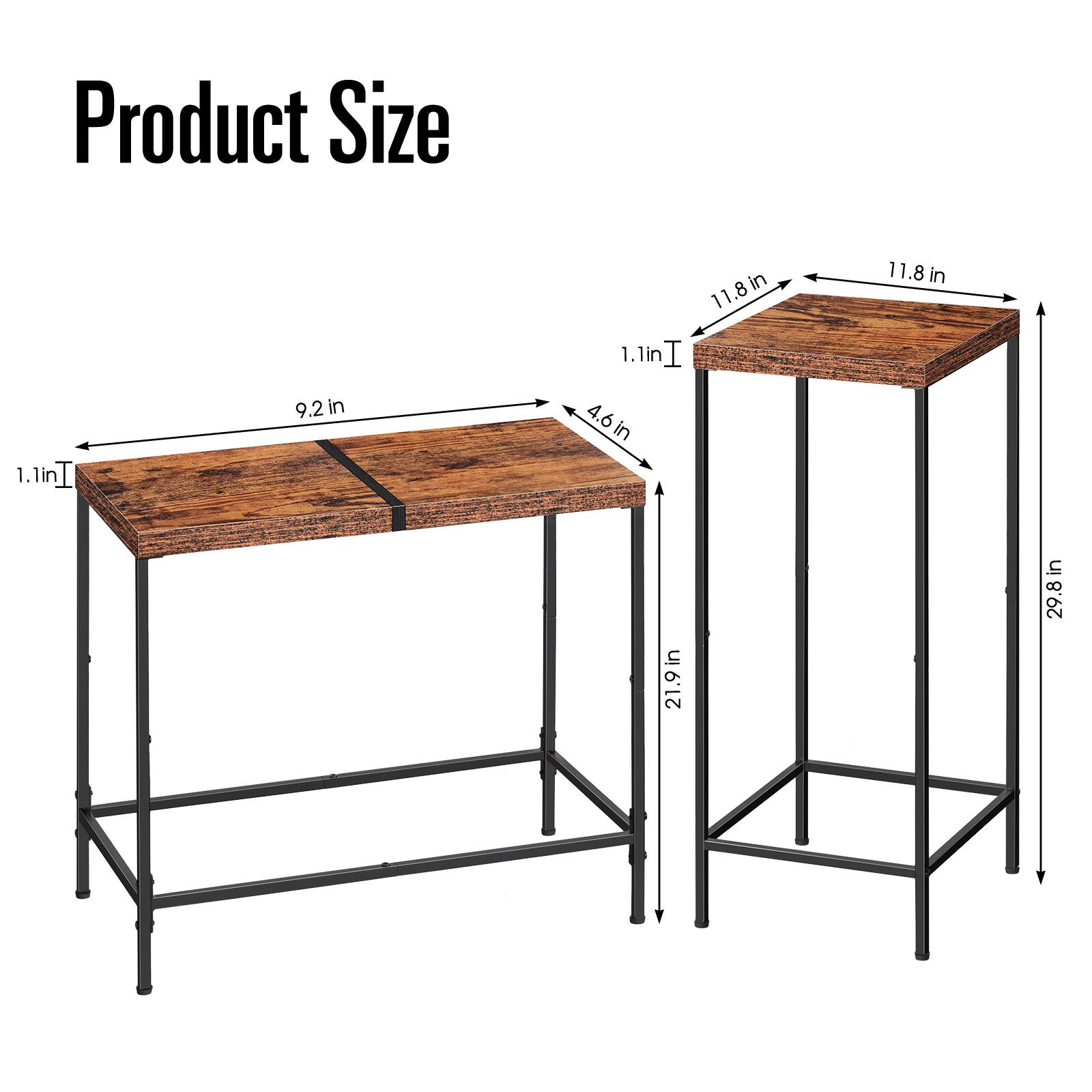 Oumilen Set of 2 Narrow End Tables – Rustic Wood Top with Black Metal ...