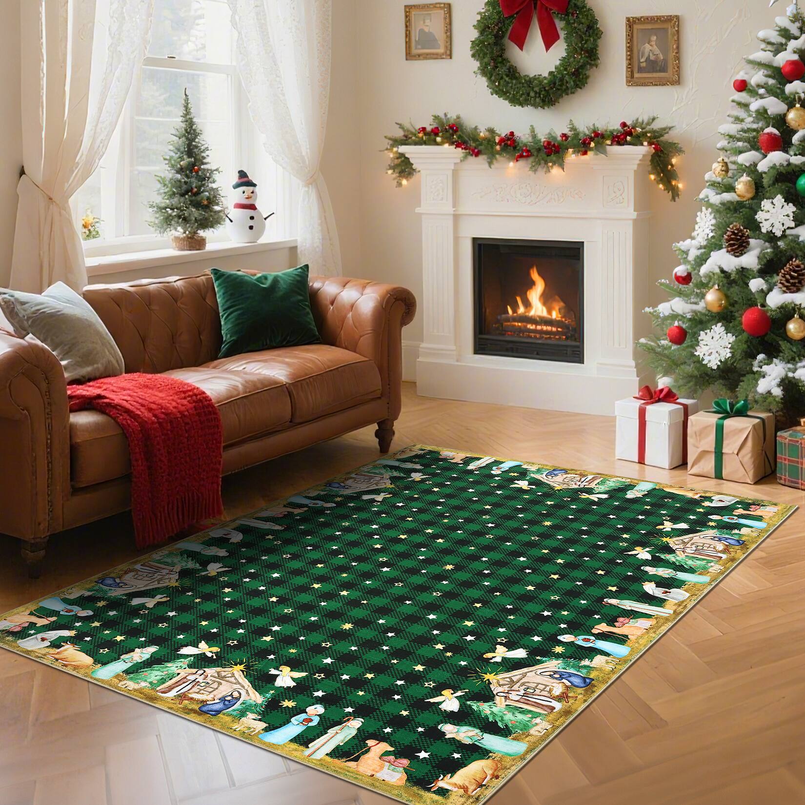 Jojoka 8x10 ft Christmas Round Rug, Nativity Plaid Print, Washable, Non ...