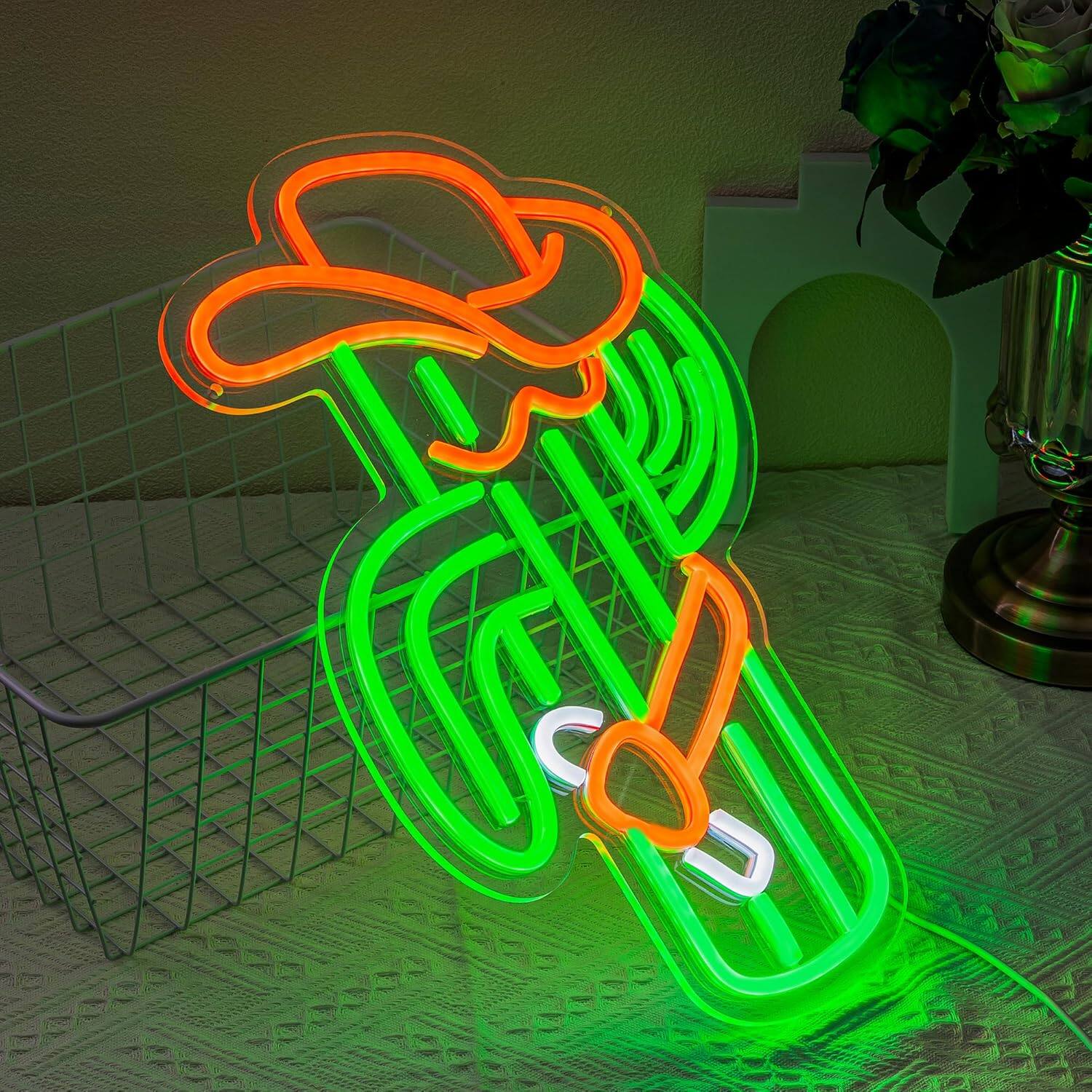 Auledio Cactus Neon Sign Cowboy Hat Neon Light for Wall Decor Cowboy ...