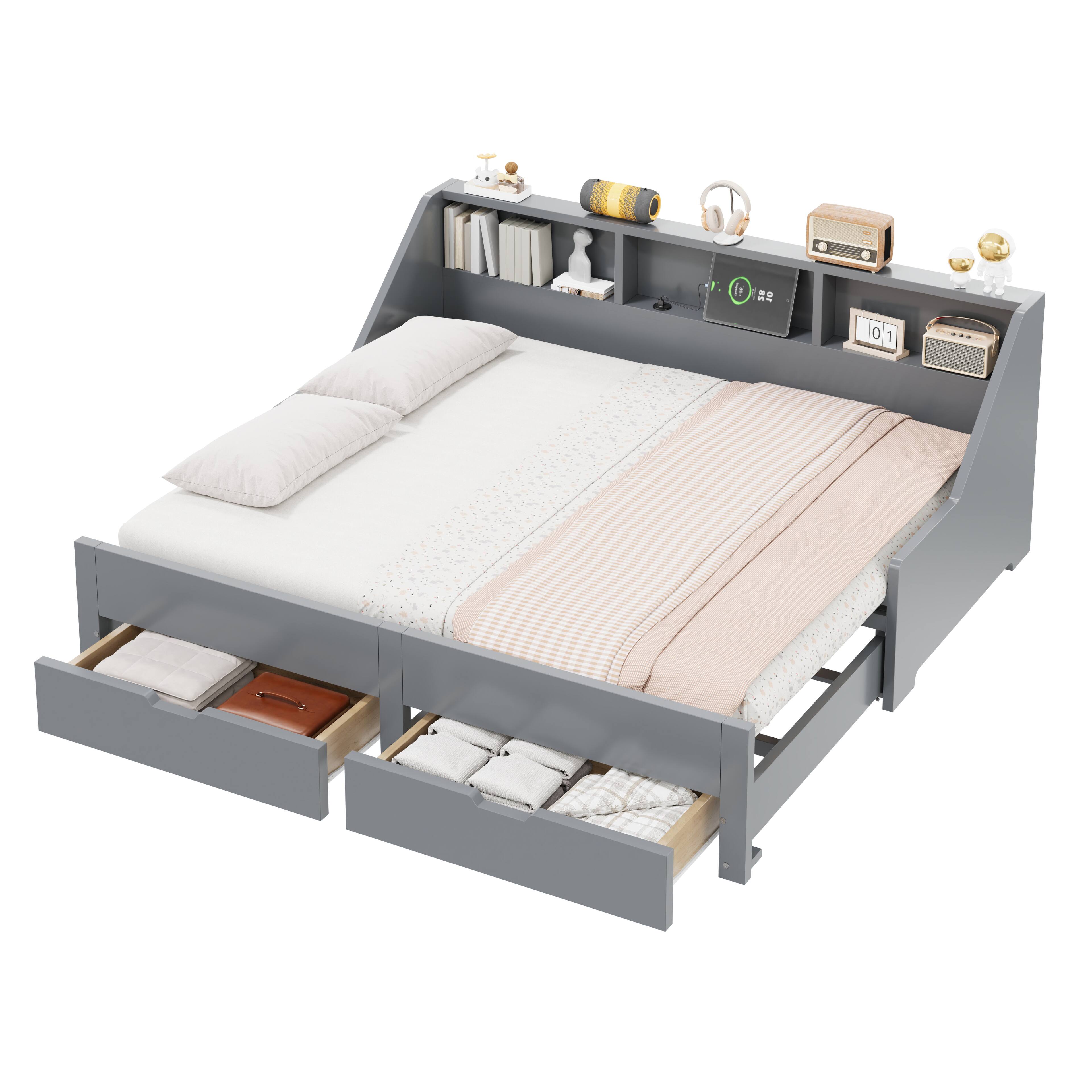 Whisen Twin to King Extendable Daybed with Storage Bookcases, 2 Drawers ...