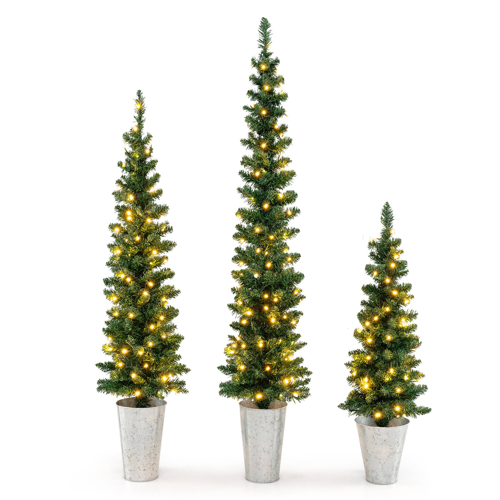 Gymax Set of 3 Pre Lit Artificial Christmas Trees 3 4 5 FT Slim Pencil ...