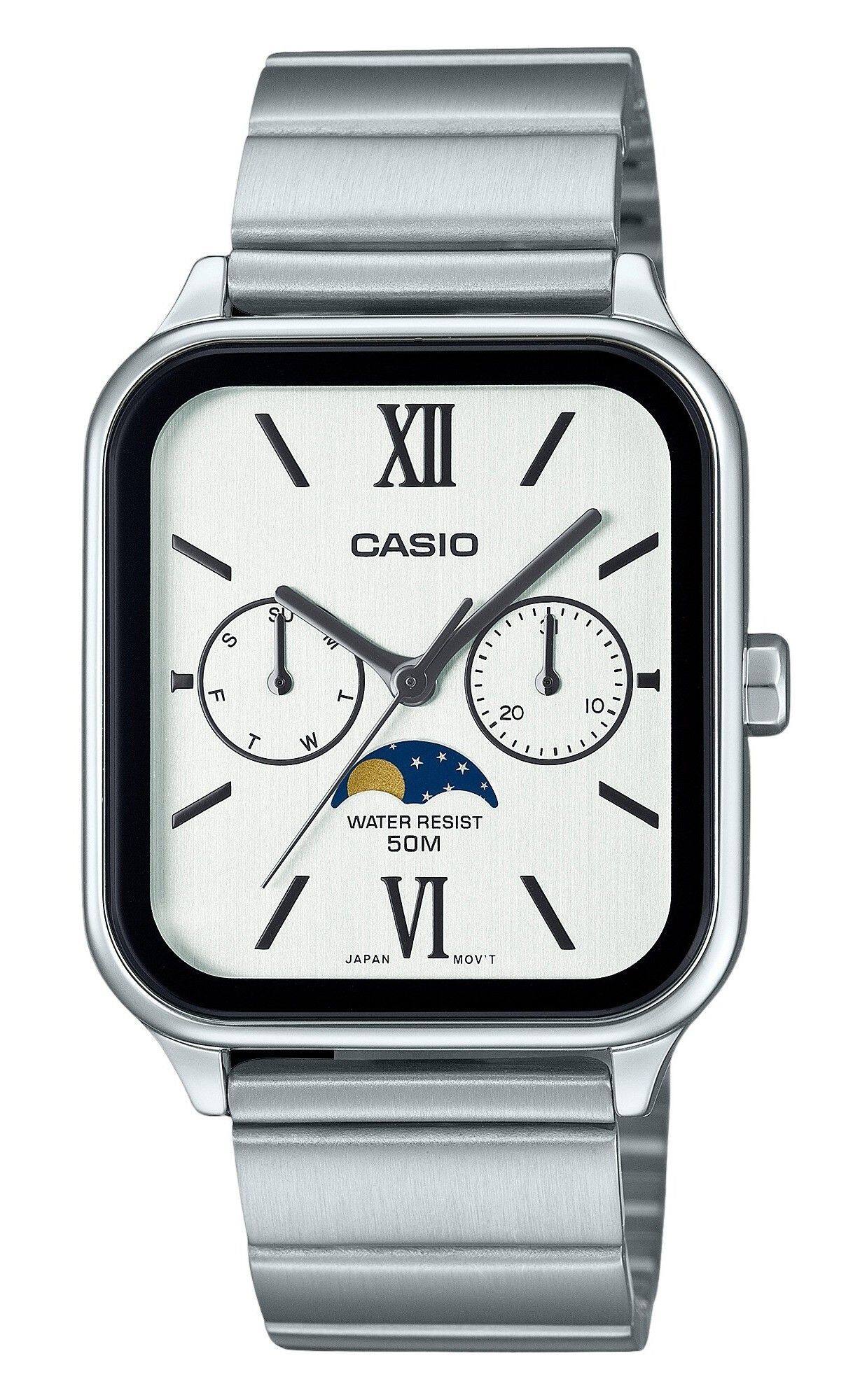 Casio Standard Analog Moon Phase Stainless Steel White Dial Quartz MTP ...