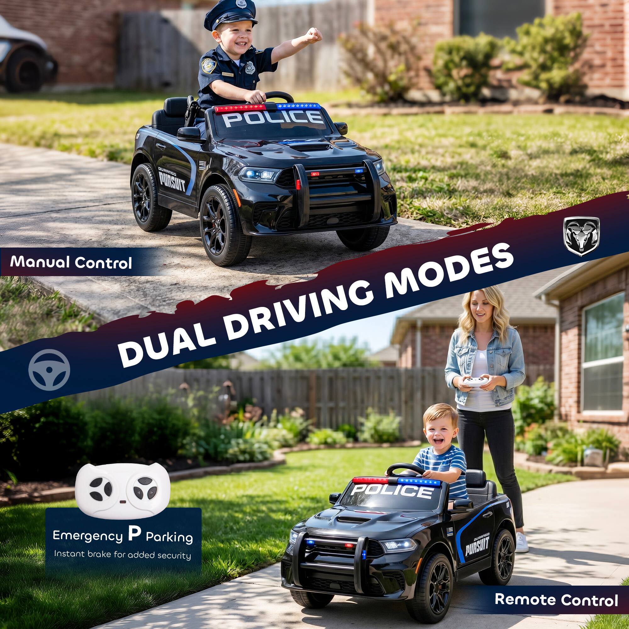 Qaba Dodge Ride On Police Car for Kids with 2 Seater, Remote ...