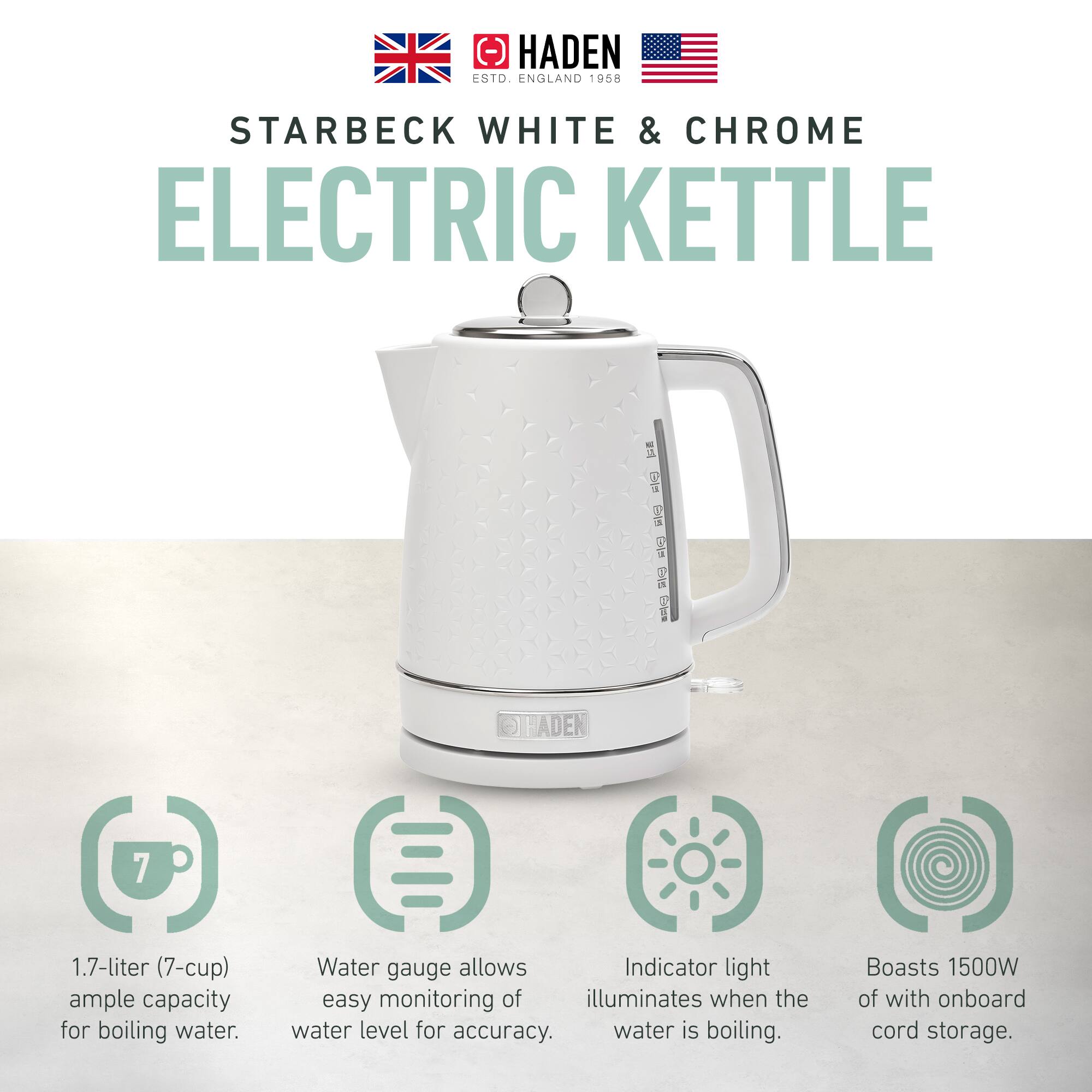 Haden Starbeck 1.7 Liter Stainless Steel Electric Water Kettle, White ...