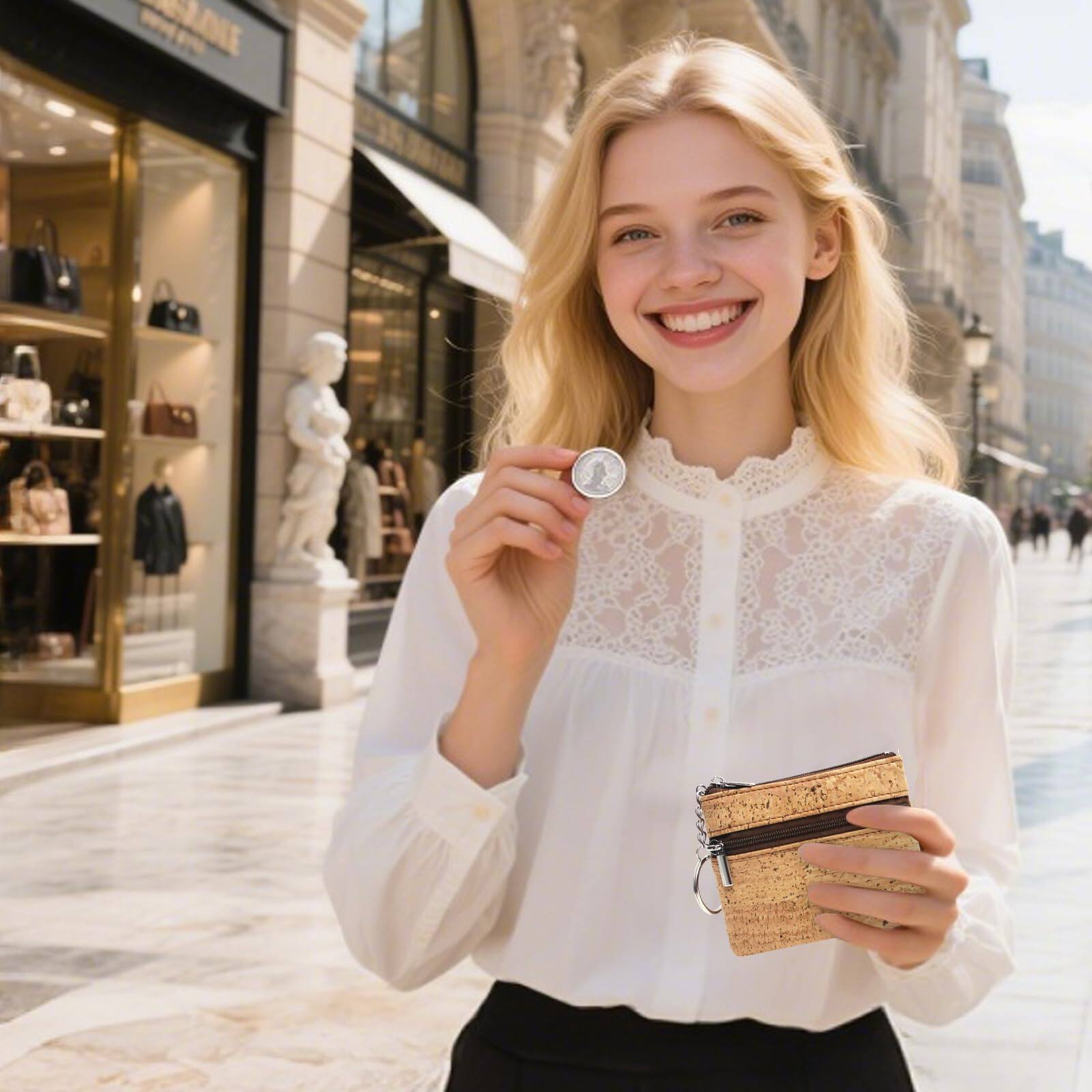 Jadie Link Cork Purse Mini Change Wallet Credit Card Holder Zipper ...