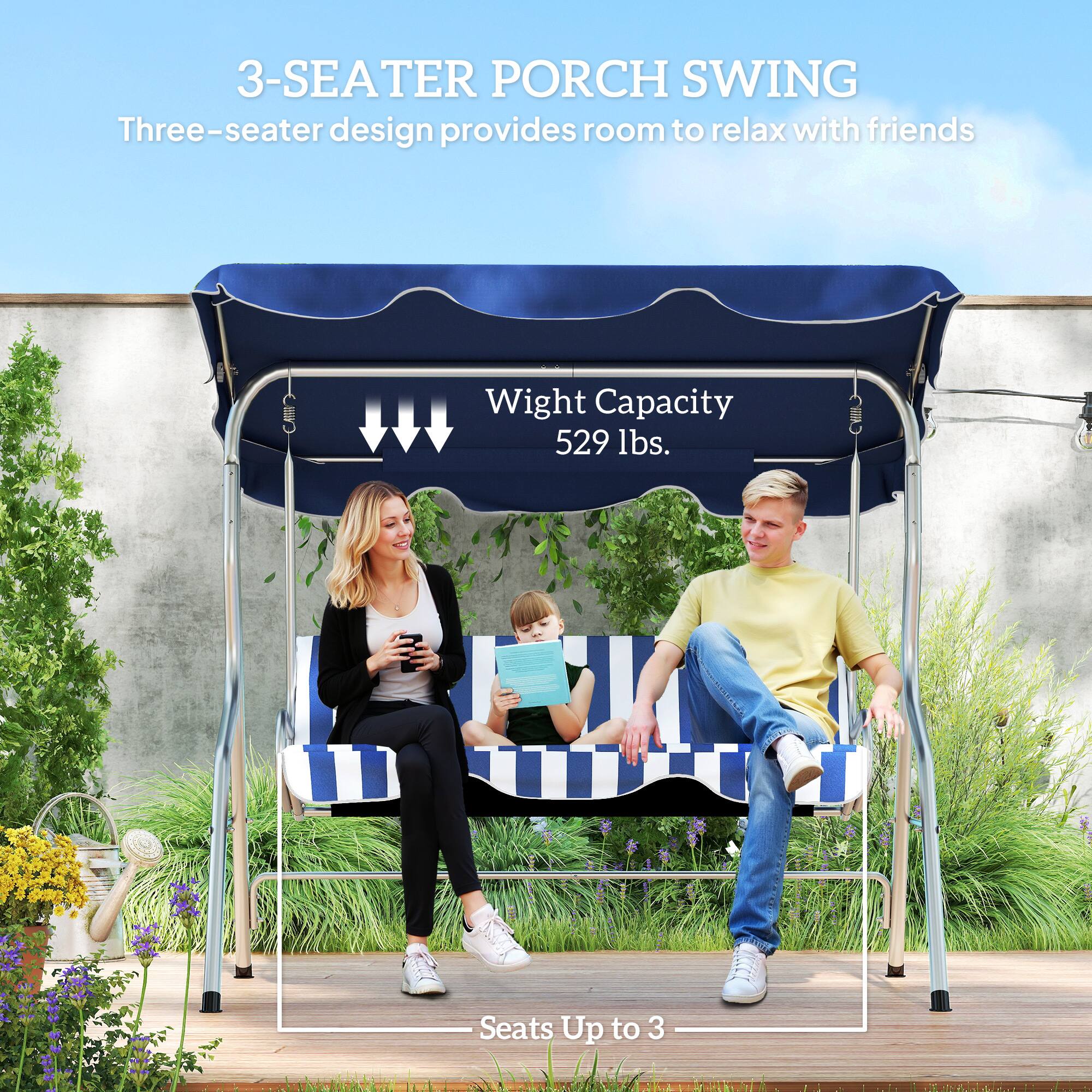 Outsunny 3 Person Porch Swing with Canopy, Patio Swing Chair, Outdoor ...