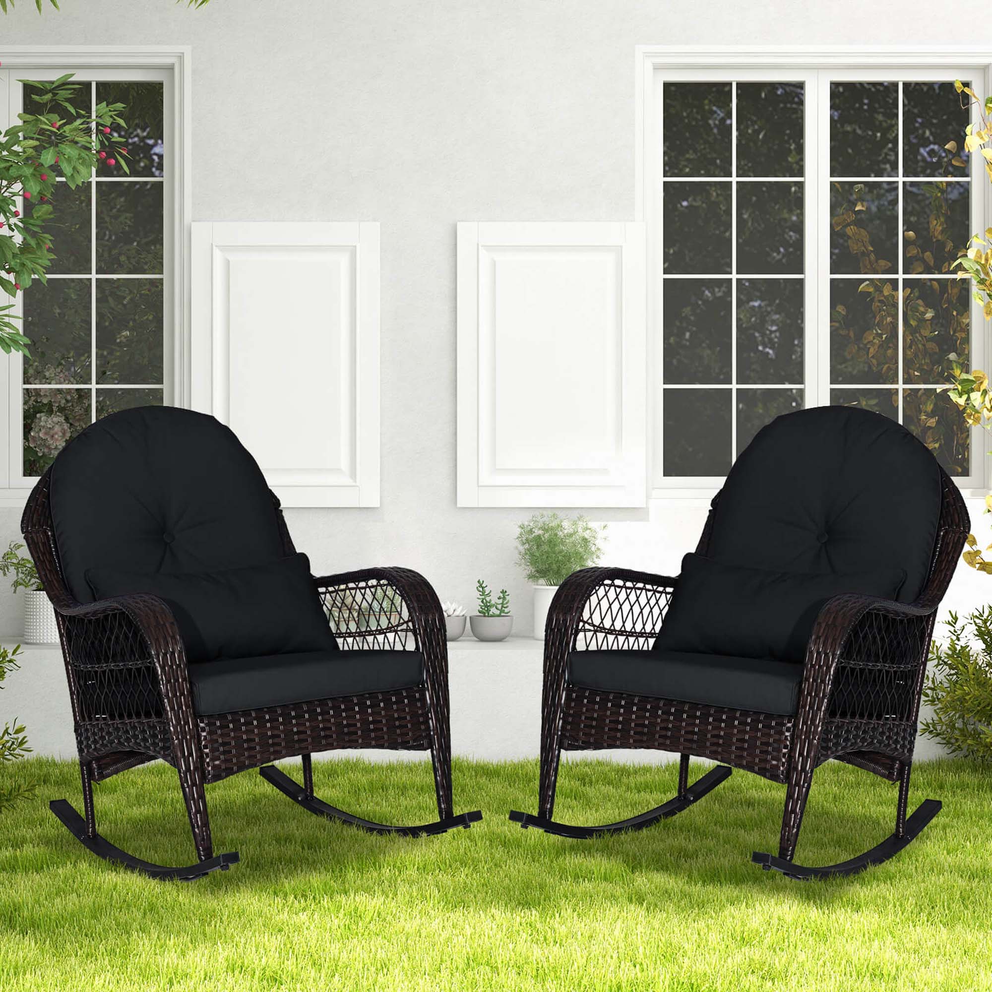 Costway Patio Wicker Rocking Chair with Seat Back Cushions & Lumbar ...