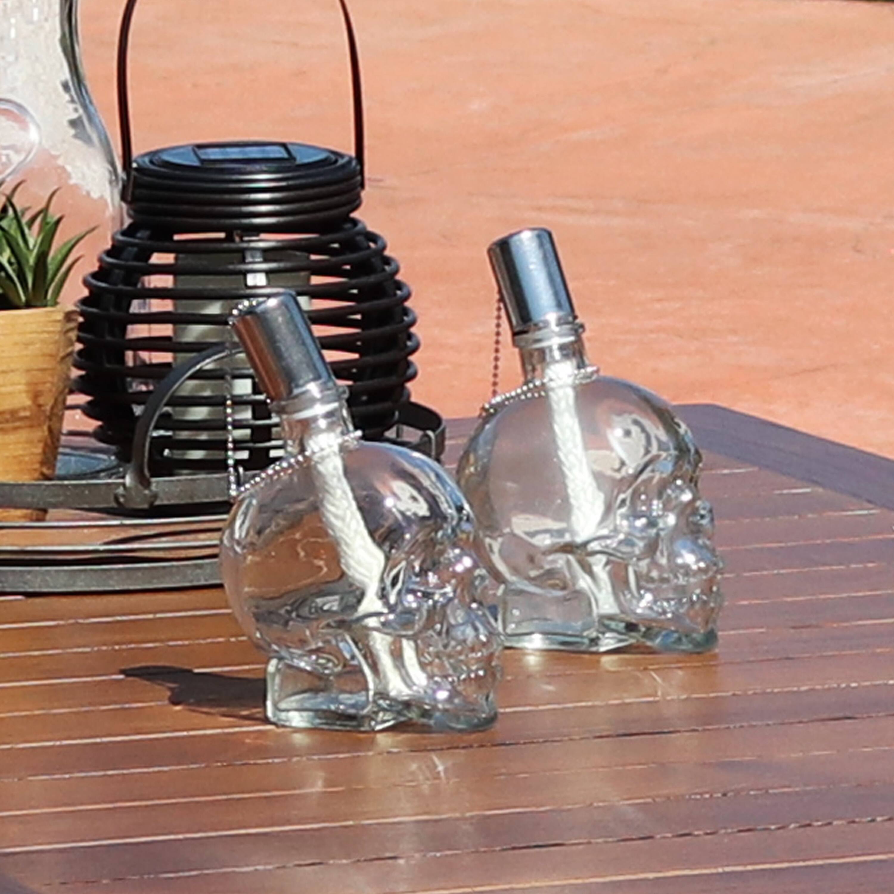 Sunnydaze Glass/Aluminum Grinning Skull Tabletop Torches Set of 2 Clear ...