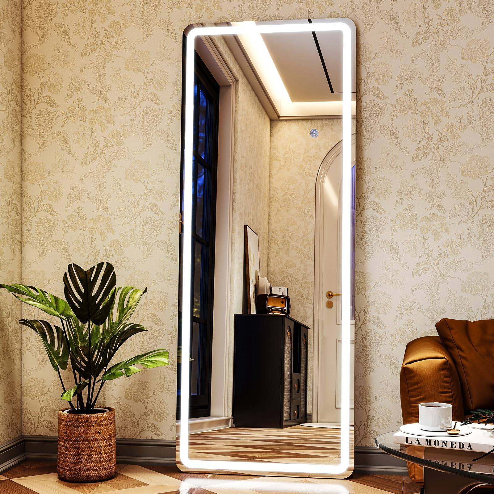 Earthley Blooms Led Rectangular Corner Full Length Mirror 21" X 64" Brightness Adjustable Touch ...